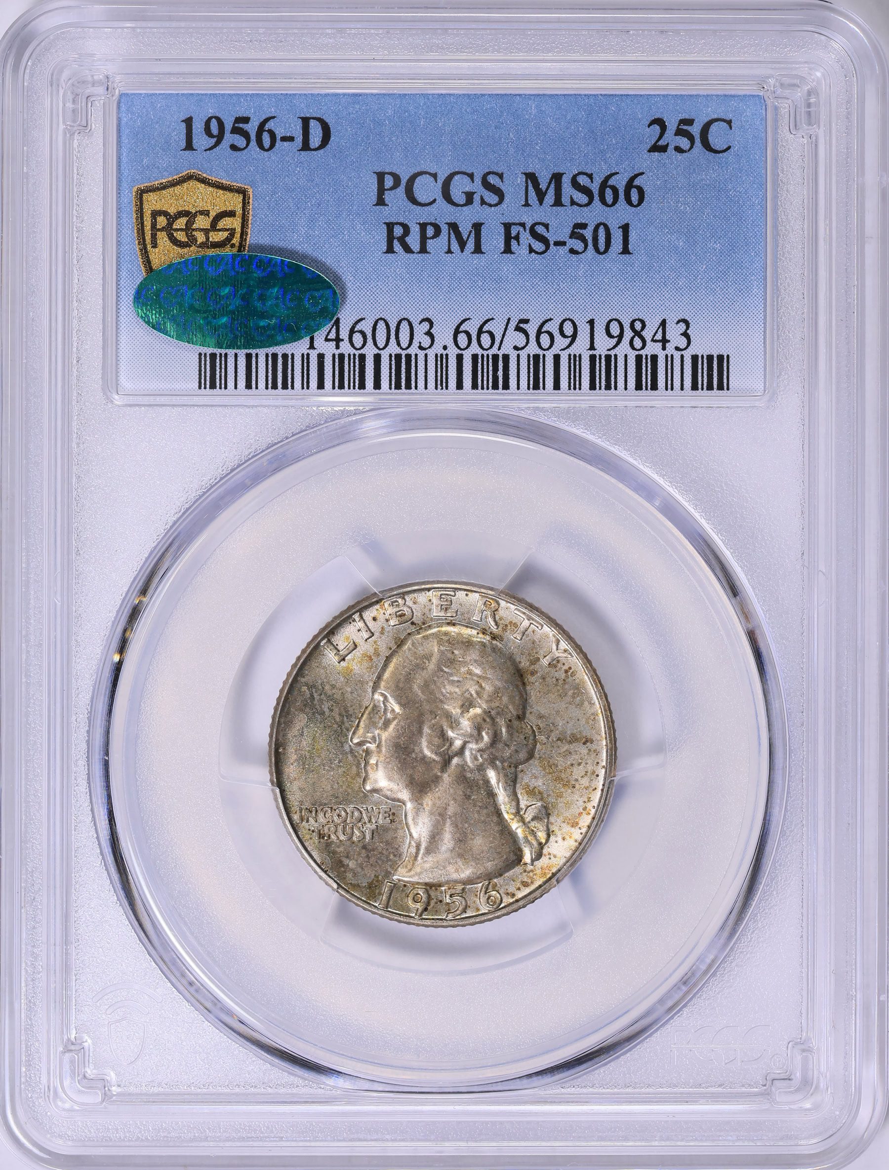 1956-D Washington Quarter Repunched Mintmark FS-501 PCGS MS-66 (CAC Green) (Toned) (Item 1822941 ...
