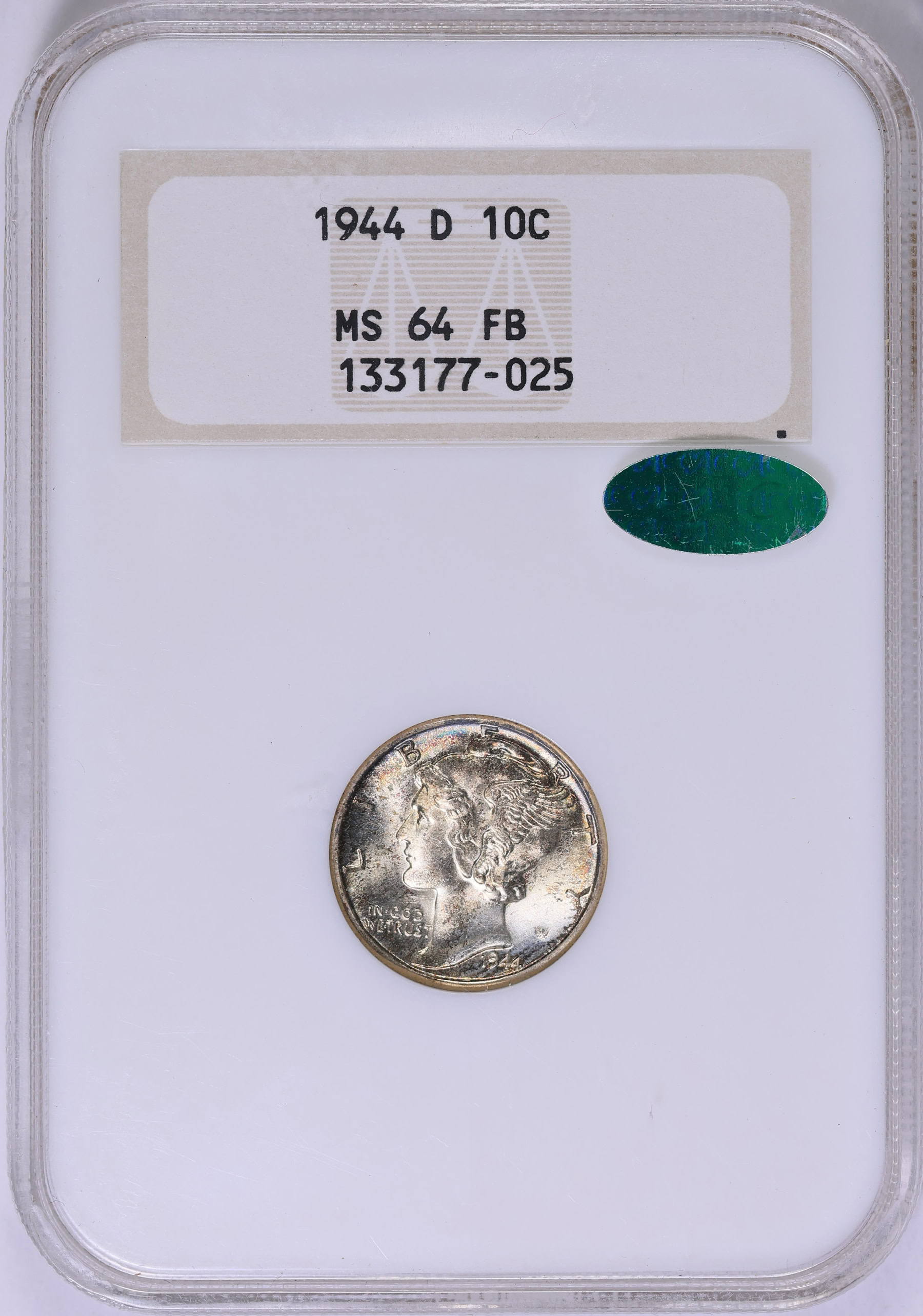 1944-D Mercury Dime NGC MS-64 FB (CAC Green) OH (Toned) (Item 1822961) | GreatCollections Coin ...