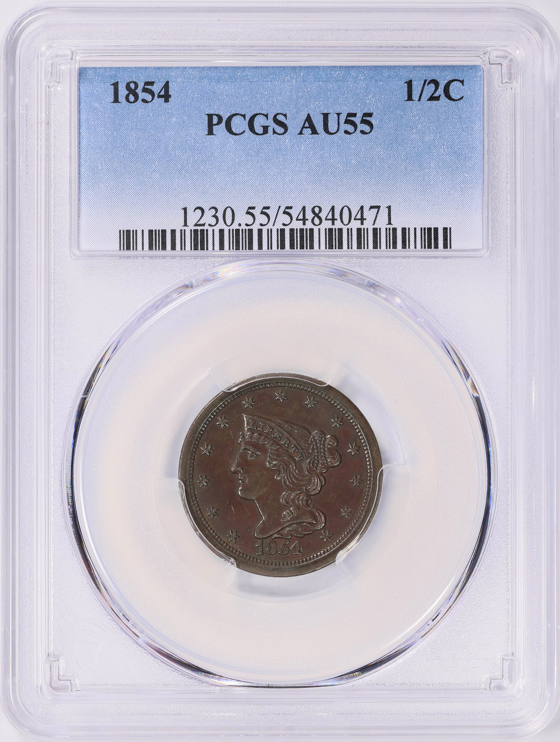 1854 Braided Hair Half Cent PCGS AU-55 BN (Toned) (Item 1823055) | GreatCollections Coin Auctions