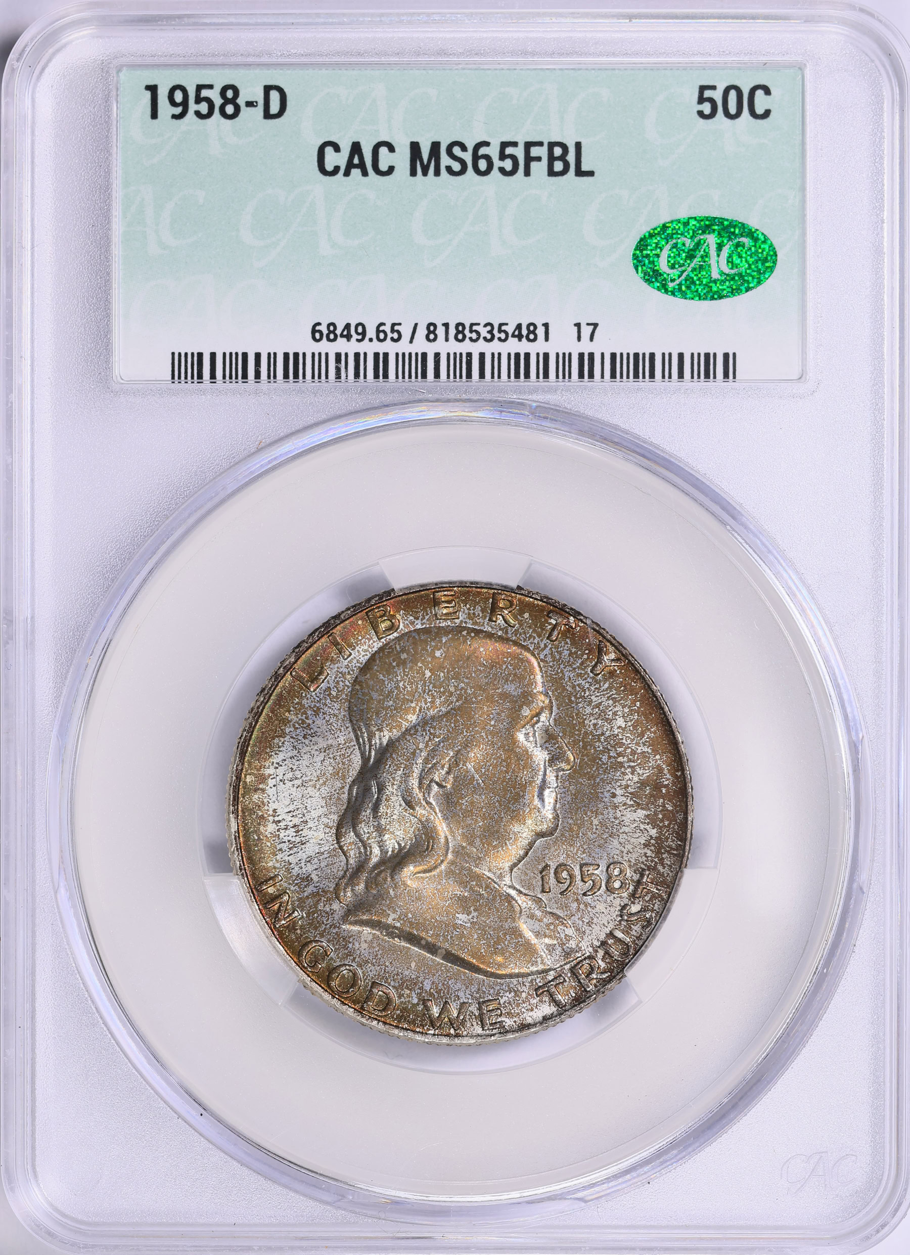 1958-D Franklin Half Dollar CACG MS-65 FBL (Toned) (Item 1823187) | GreatCollections Coin Auctions