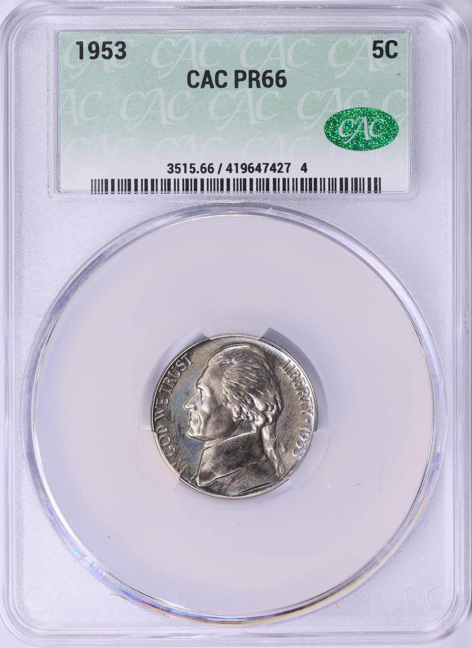1953 Jefferson Nickel CACG Proof-66 (Toned) (Item 1823302) | GreatCollections Coin Auctions