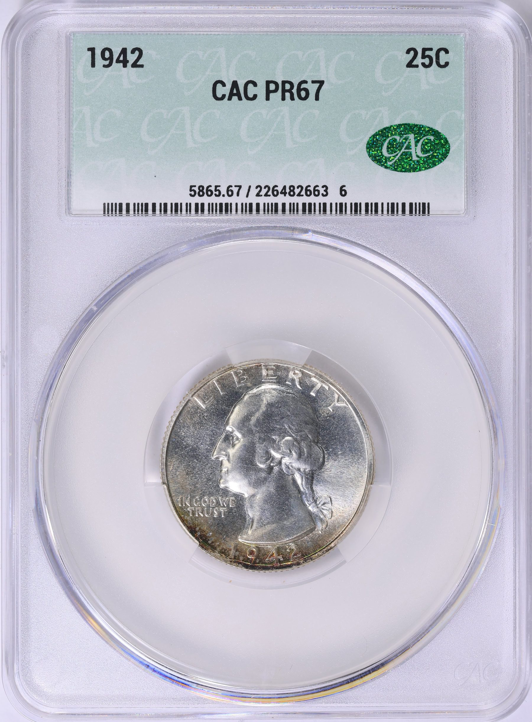1942 Washington Quarter CACG Proof-67 (Toned) (Item 1823321) | GreatCollections Coin Auctions