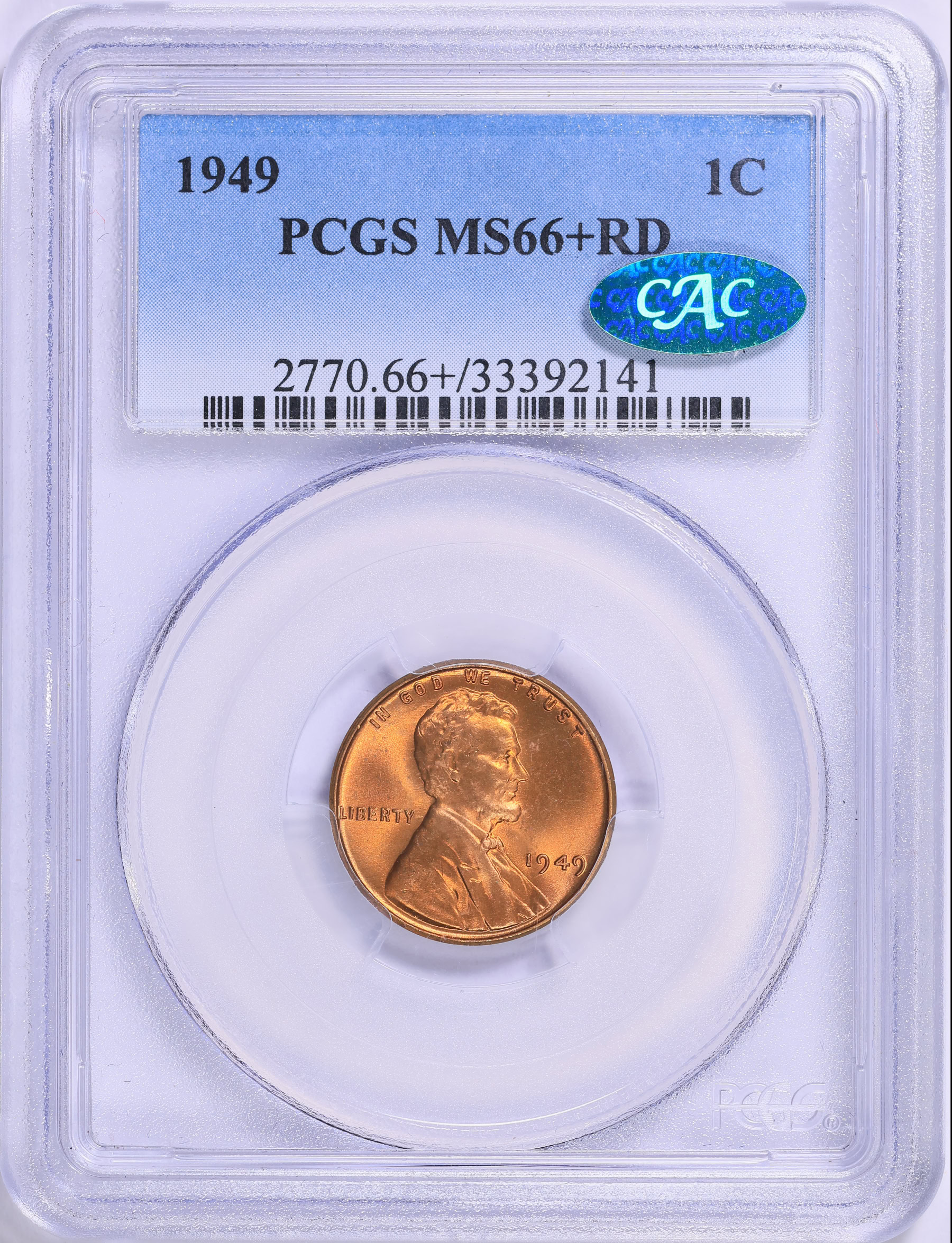 1949 Lincoln Cent PCGS MS-66+ RD (CAC Green) (Item 1823435) | GreatCollections Coin Auctions