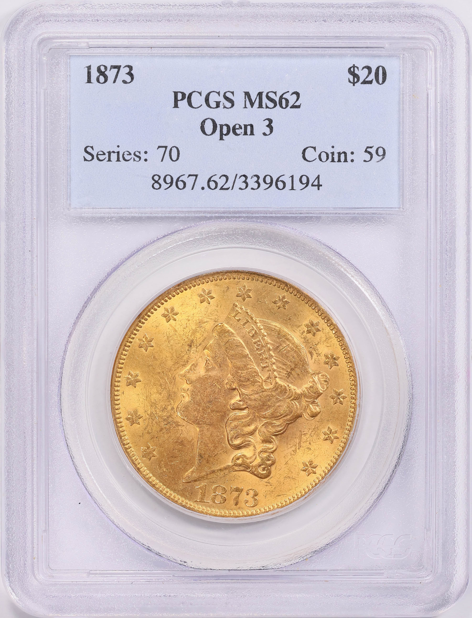 1873 Liberty Gold Double Eagle Open 3 PCGS MS-62 (Item 1823498) | GreatCollections Coin Auctions