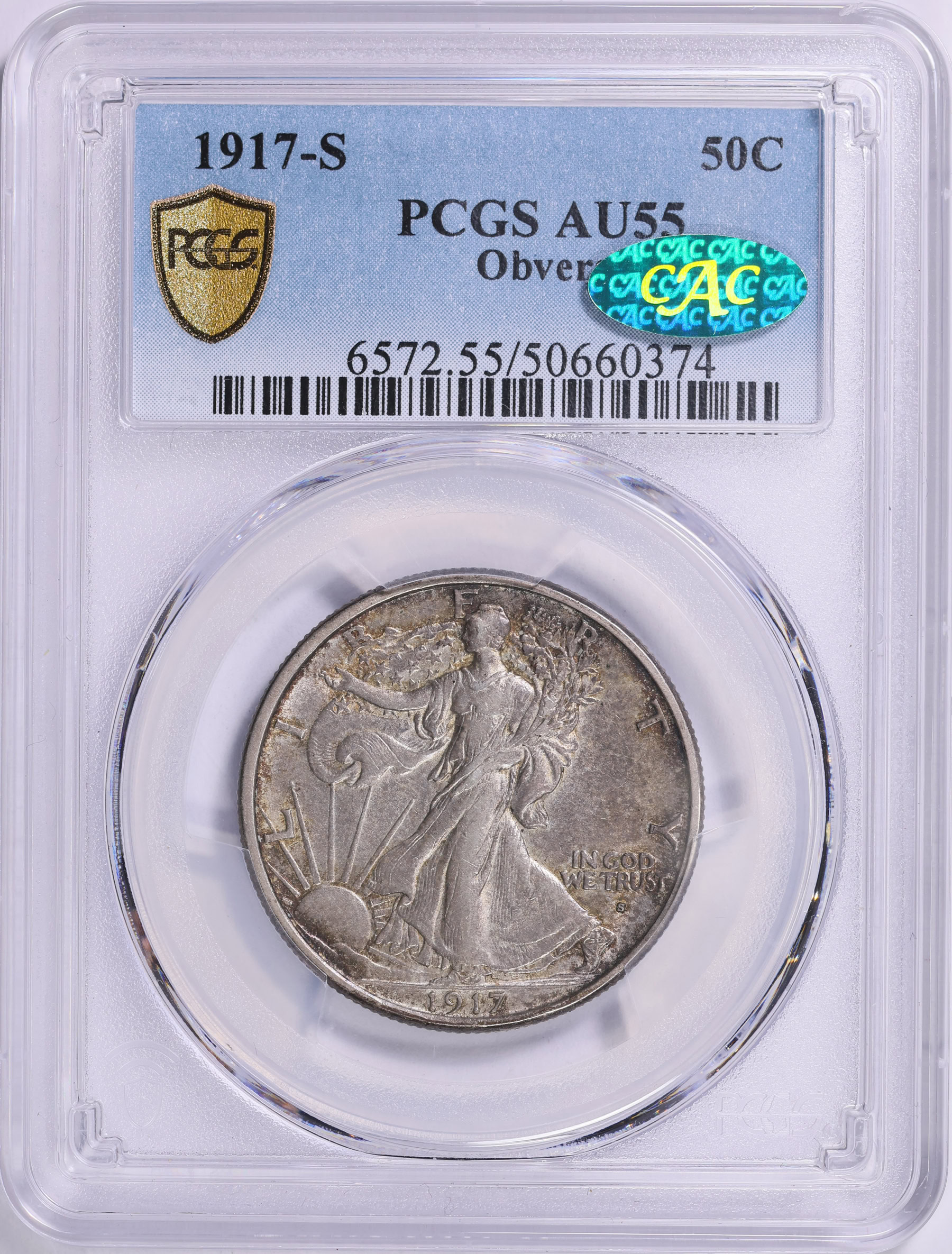 1917-S Walking Liberty Half Dollar Obverse Mintmark PCGS AU-55 (CAC Green) (Item 1823518 ...