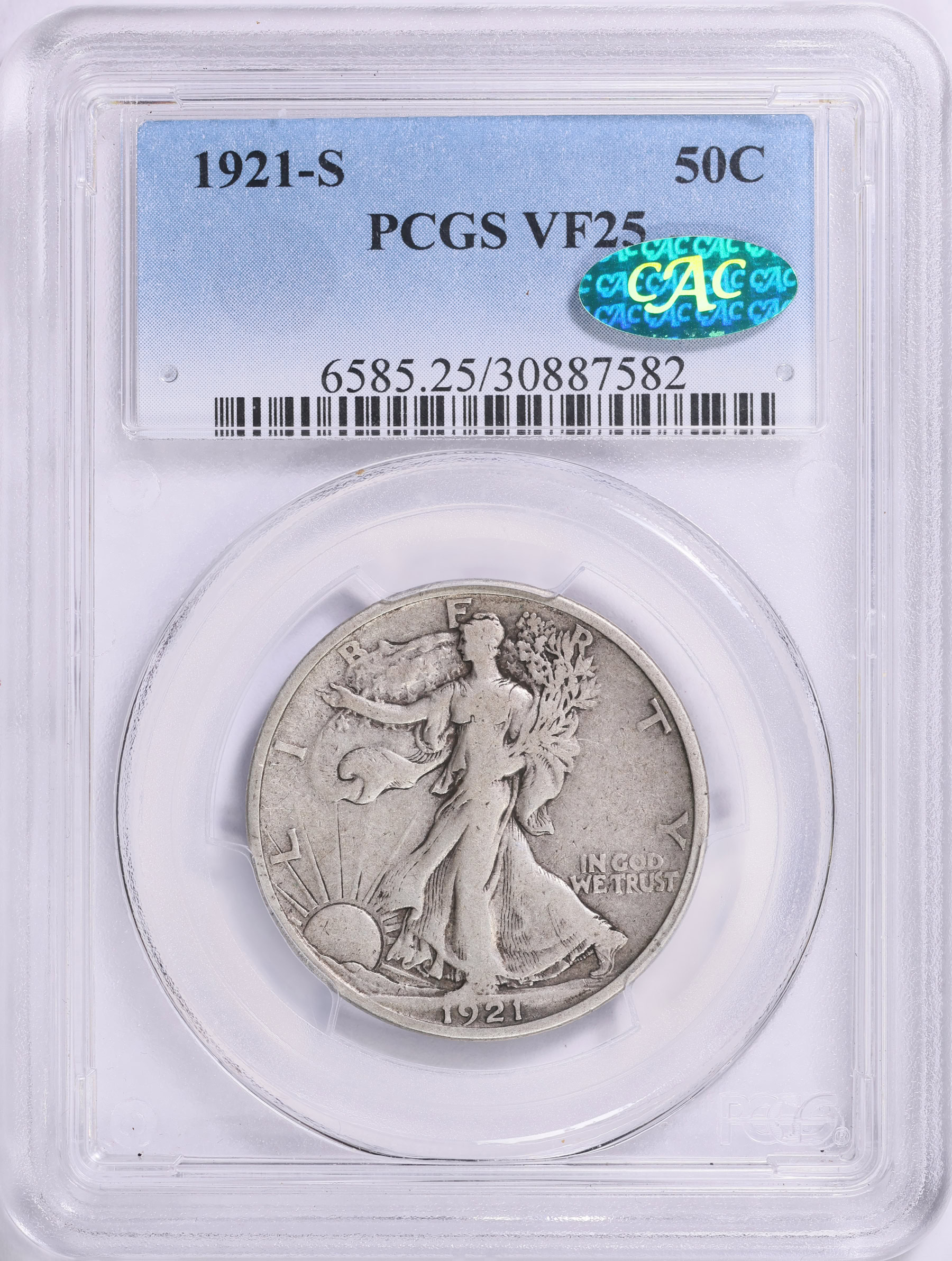 1921-S Walking Liberty Half Dollar PCGS VF-25 (CAC Green) (Item 1823526) | GreatCollections Coin ...