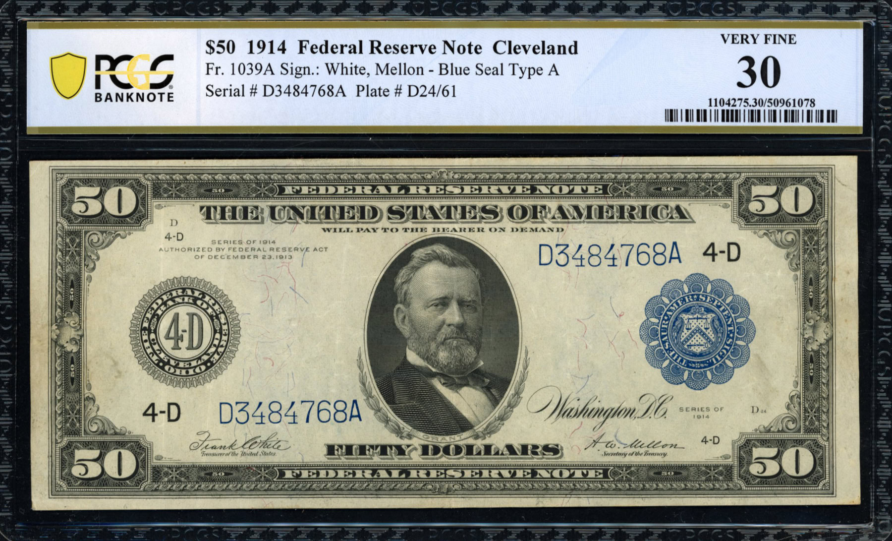 Fr. 1039a 1914 $50 Cleveland Federal Reserve Note White / Mellon PCGS Banknote Very Fine 30 ...