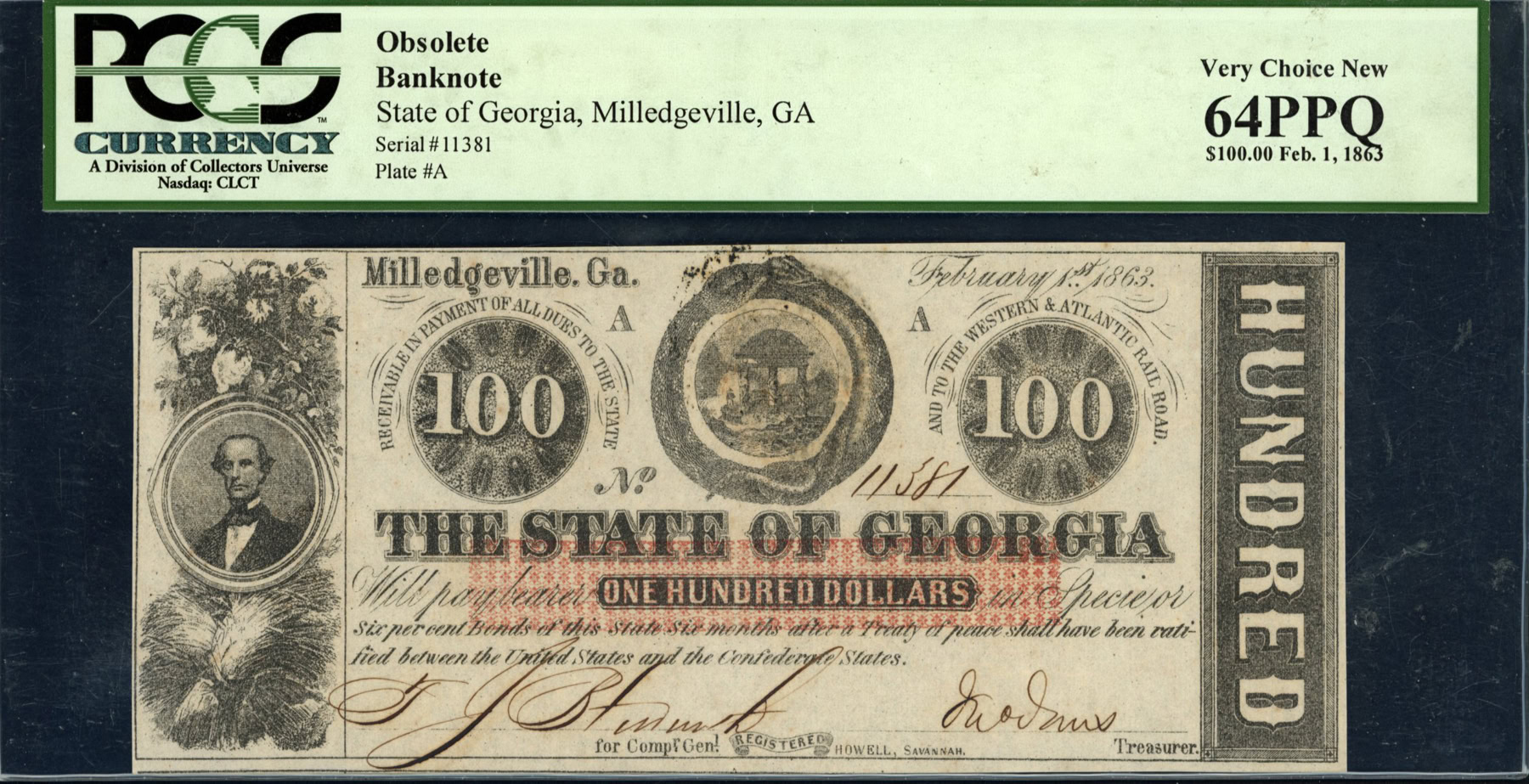 1863 Milledgeville, Georgia State of Georgia $100 Note PCGS Currency ...