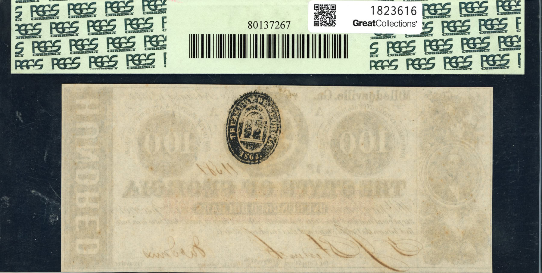1863 Milledgeville, Georgia State of Georgia $100 Note PCGS Currency ...