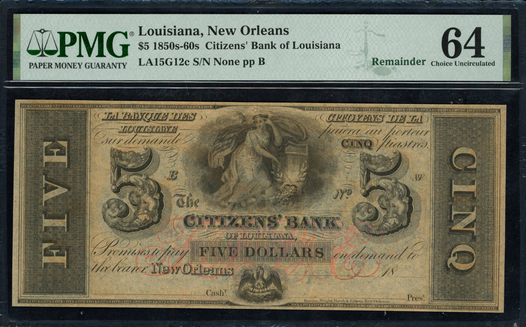 1850s-60s New Orleans, Louisiana Citizens' Bank of Louisiana $5 ...