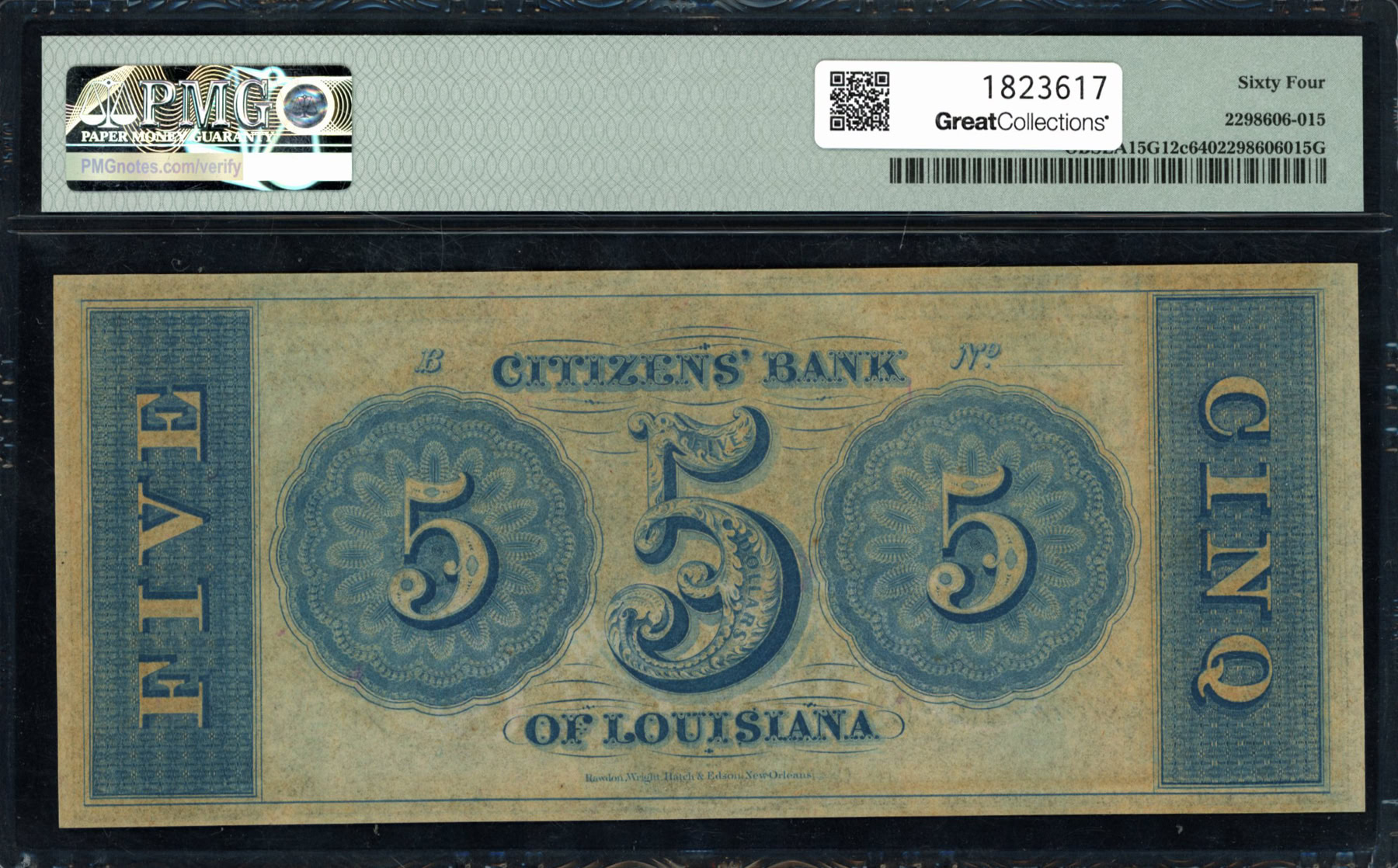 1850s-60s New Orleans, Louisiana Citizens' Bank of Louisiana $5 ...