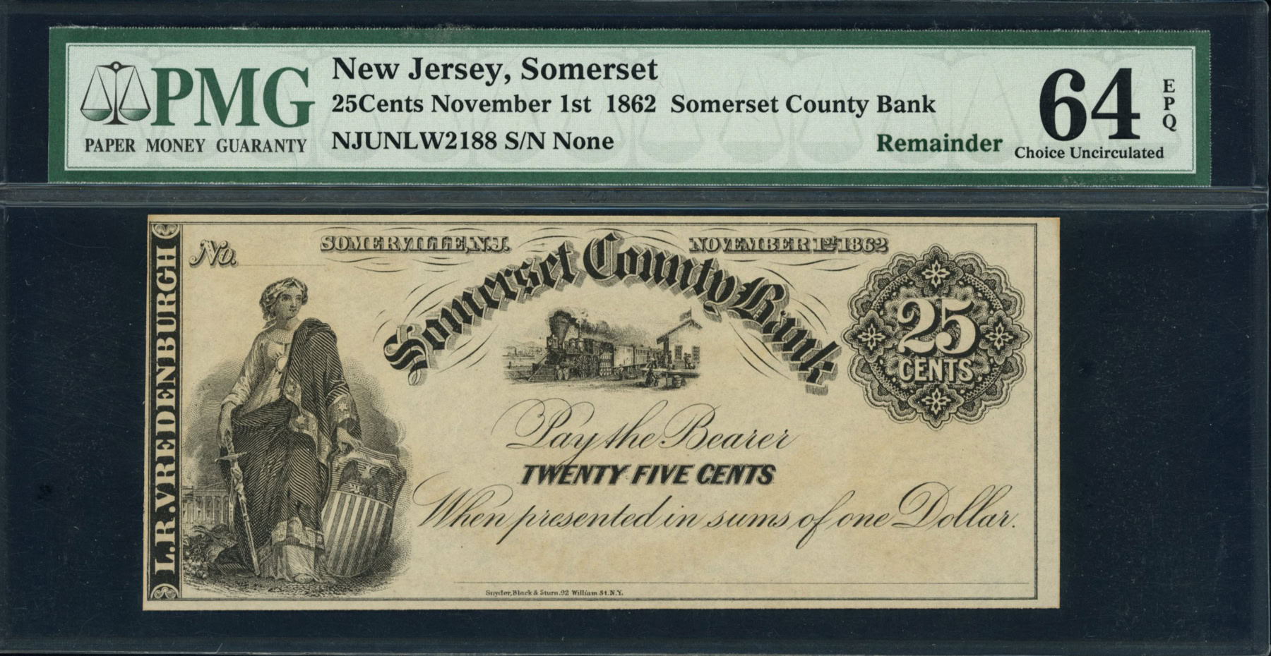 1862 Somerset, New Jersey Somerset County Bank 25 Cents Remainder Note ...