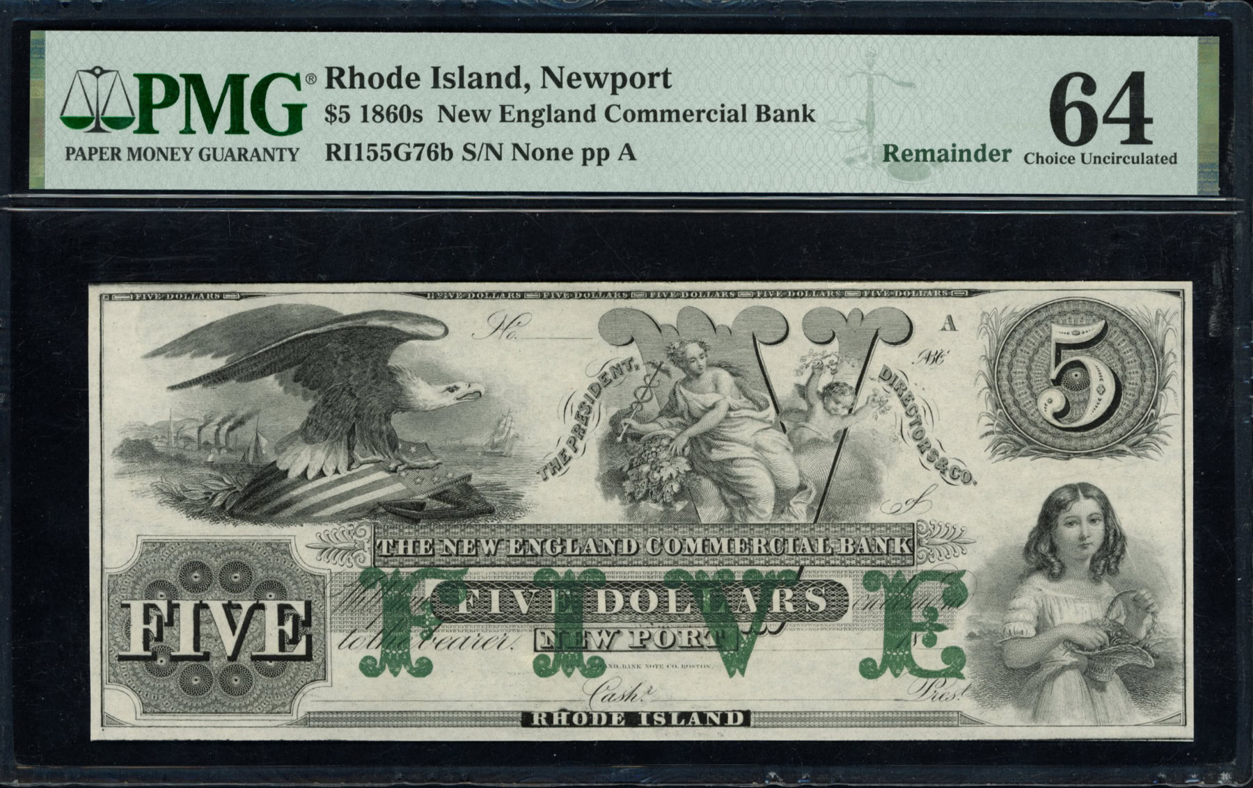 1860s Newport, Rhode Island New England Commercial Bank $5 Remainder ...