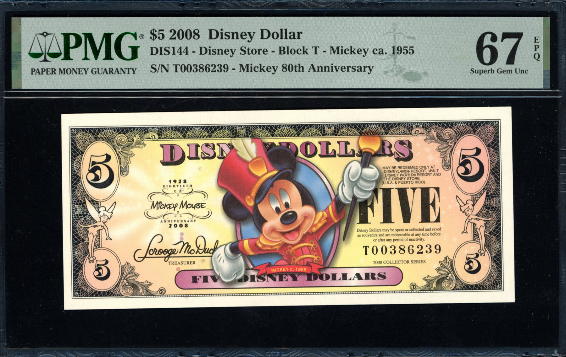 2008 Disney Store $5 Disney Dollar Note Mickey ca. 1955 / Mickey 80th ...