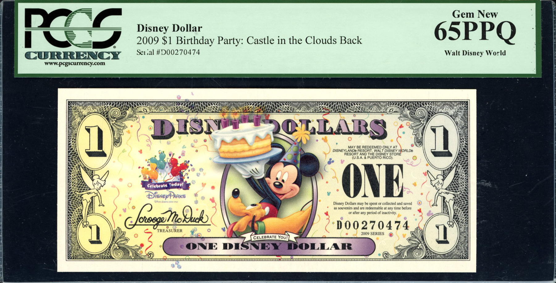 2009 Disney World $1 Disney Dollar Note Mickey & Pluto / Cinderella's ...