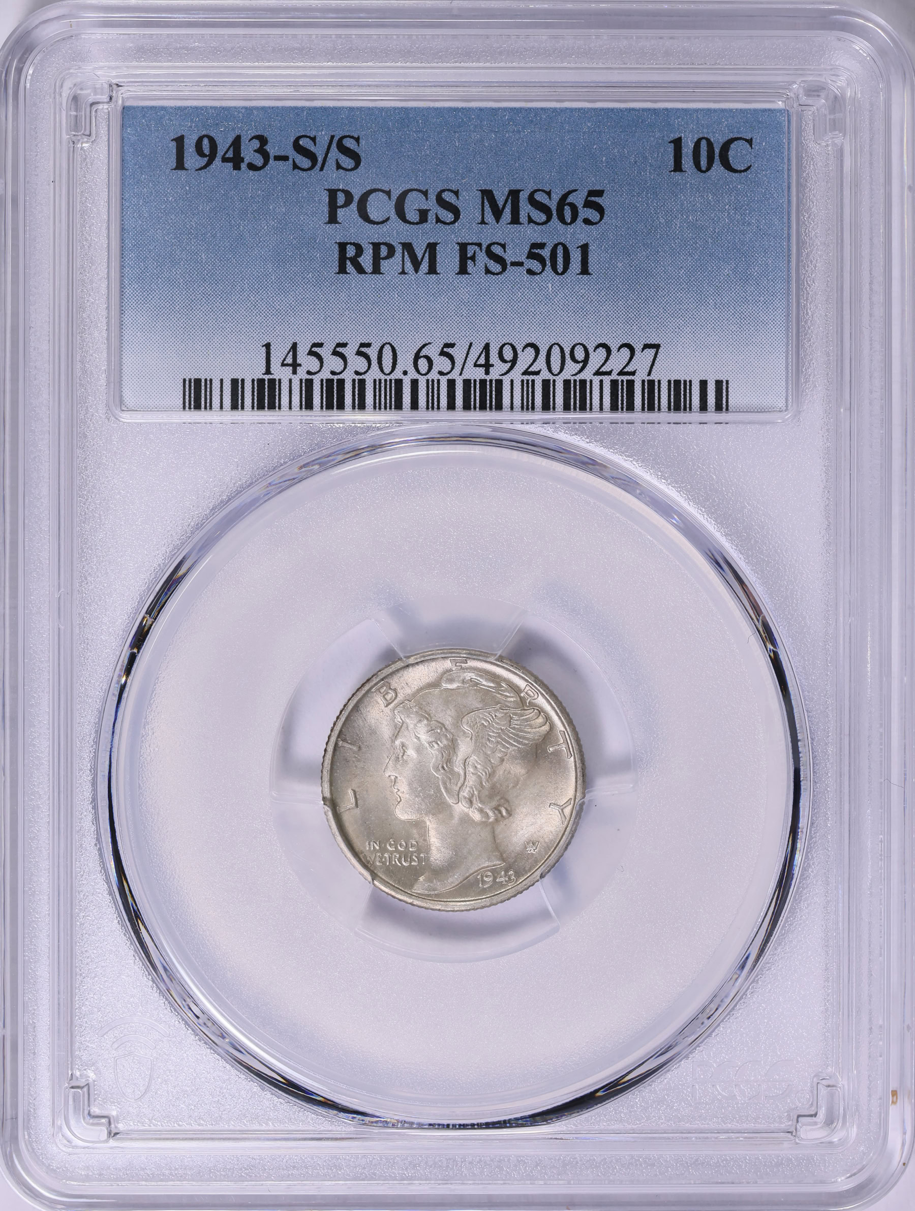 1943-S/S Mercury Dime Repunched Mintmark FS-501 PCGS MS-65 (Item 1823644) | GreatCollections ...