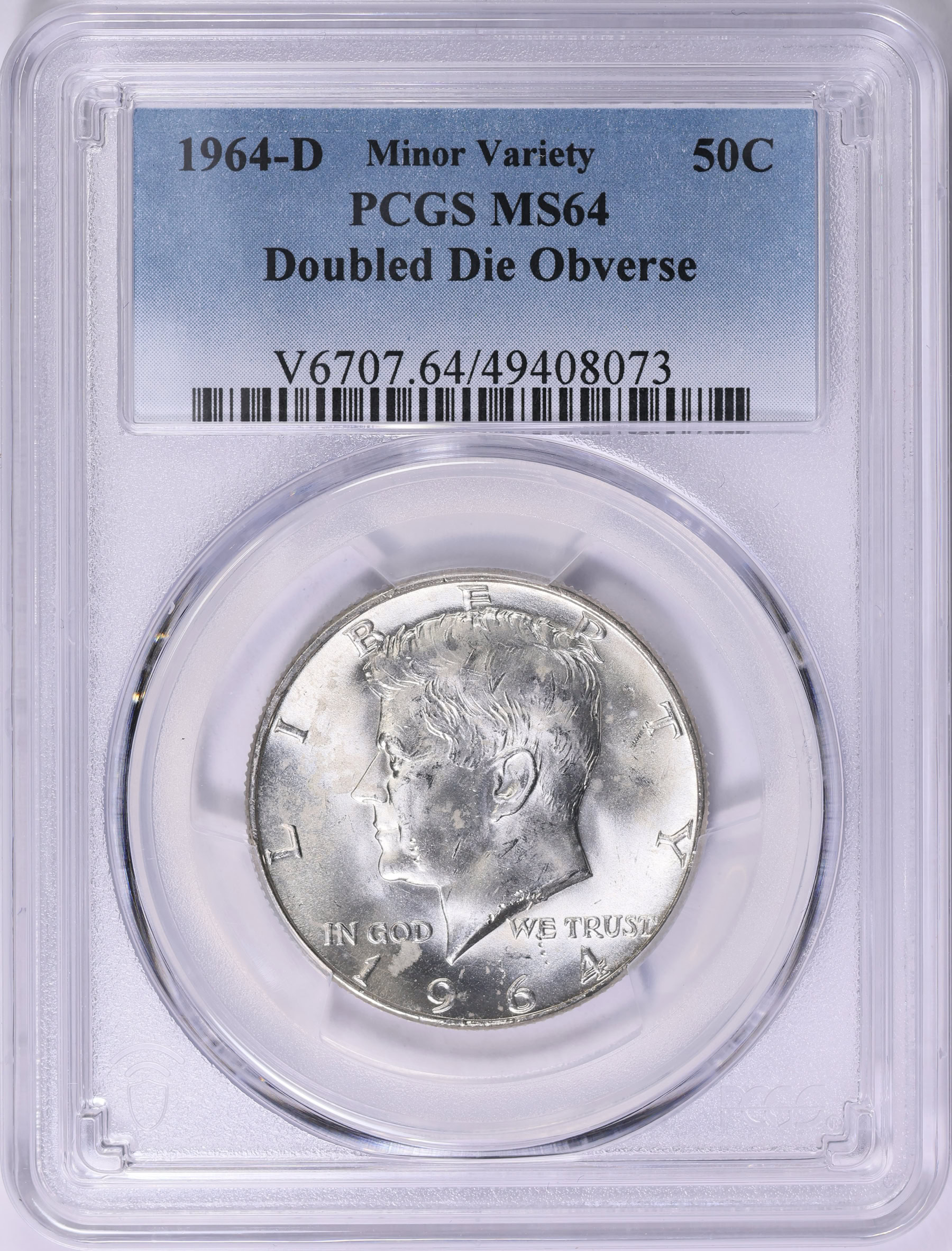 1964-D Kennedy Half Dollar Doubled Die Obverse PCGS MS-64 (Item 1823646) | GreatCollections Coin ...