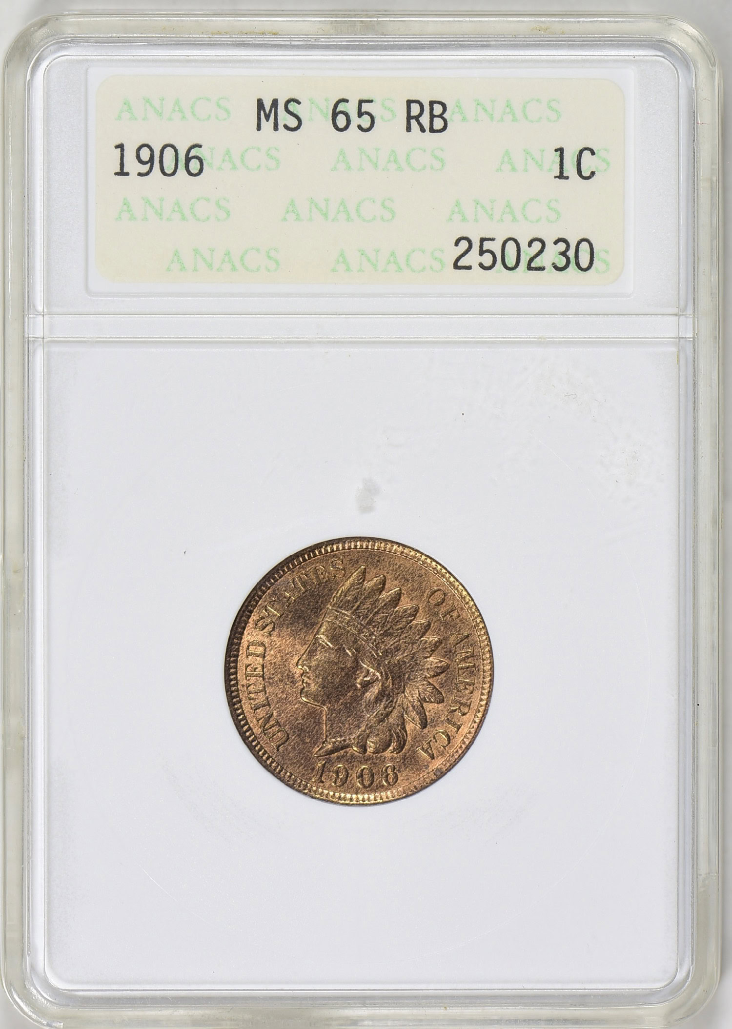 1906 Indian Cent ANACS MS-65 RB OH (Item 1823650) | GreatCollections Coin Auctions