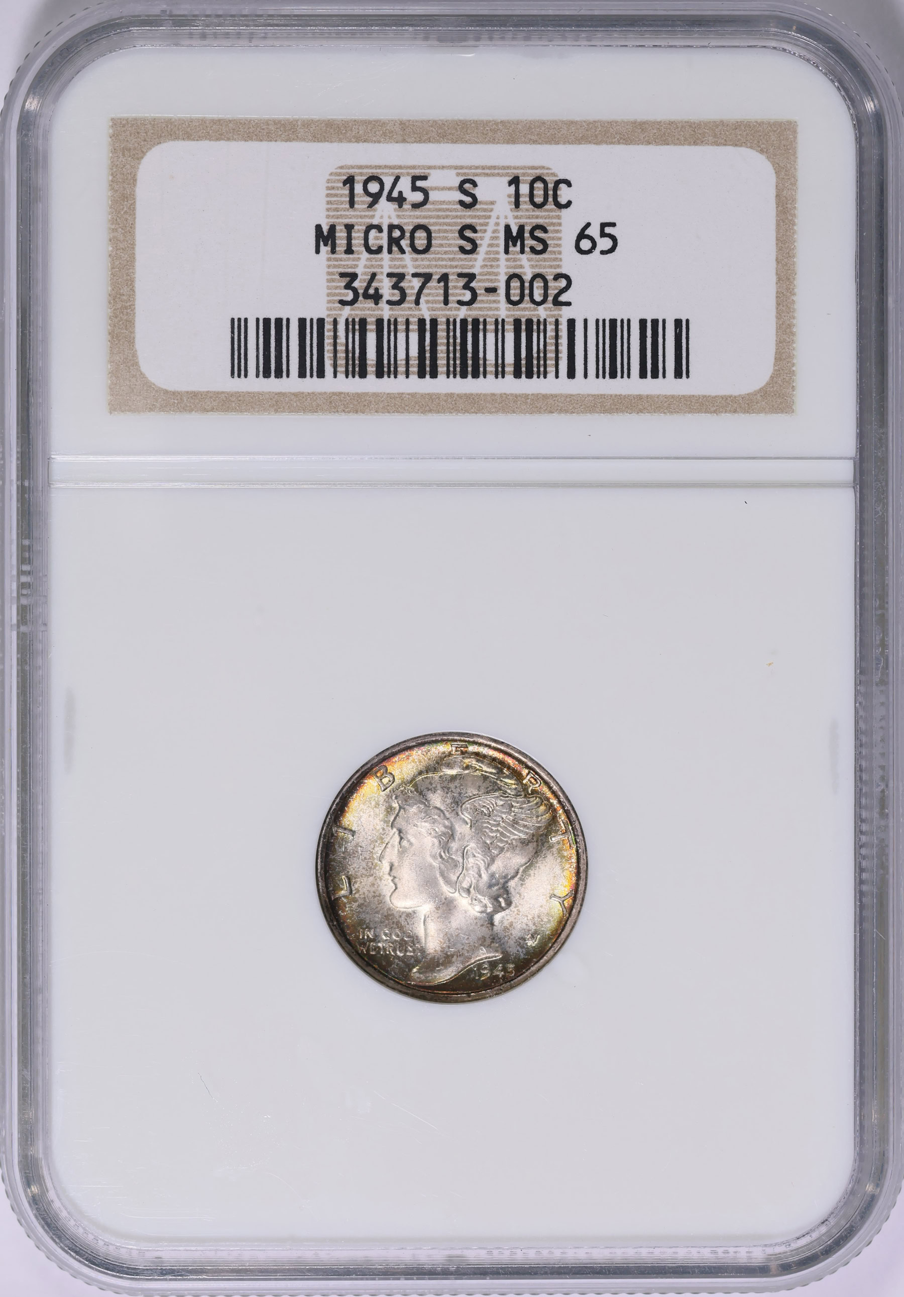 1945-S Mercury Dime Micro S NGC MS-65 (Toned) (Item 1823666) | GreatCollections Coin Auctions