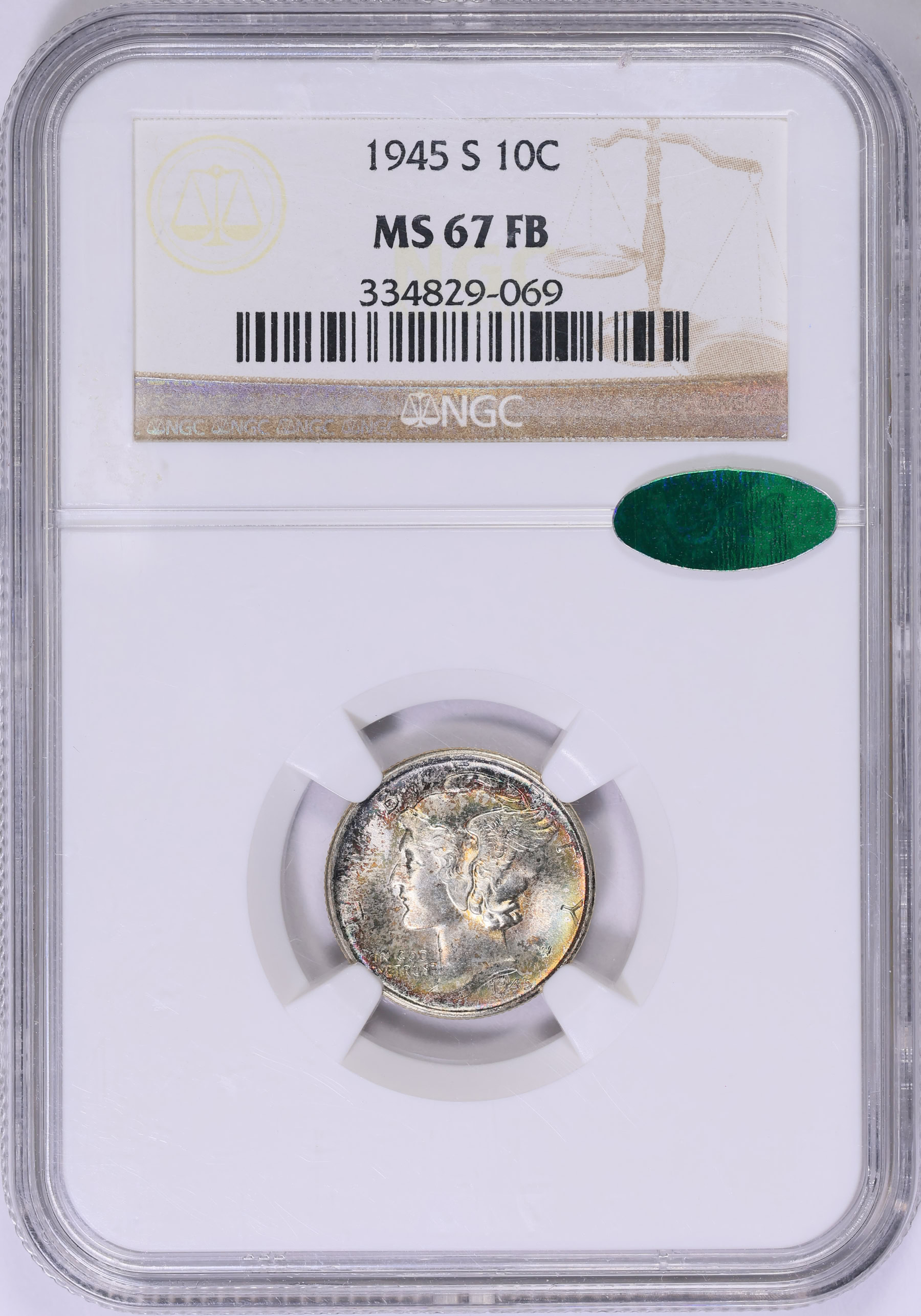1945-S Mercury Dime NGC MS-67 FB (CAC Green) (Toned) (Item 1823667) | GreatCollections Coin Auctions