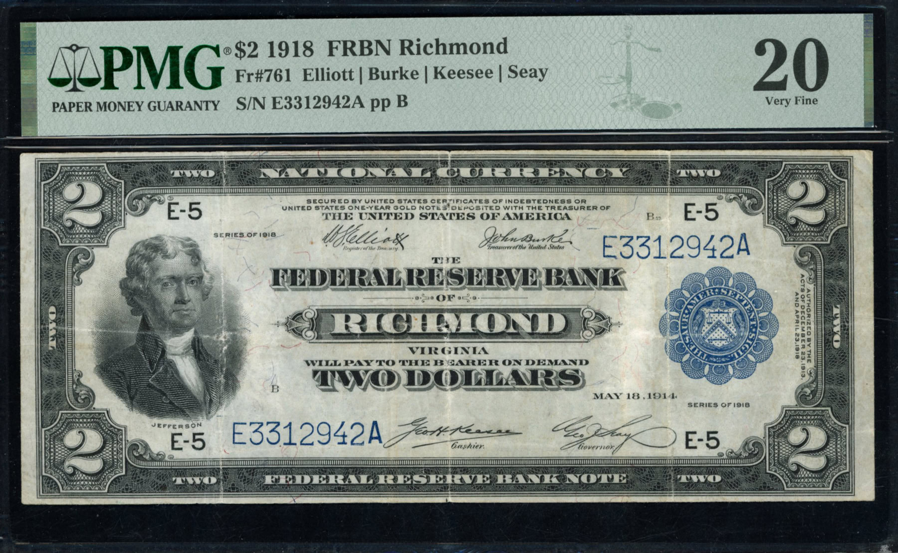 Fr. 761 1918 $2 Richmond Federal Reserve Bank Note Elliott / Burke ...