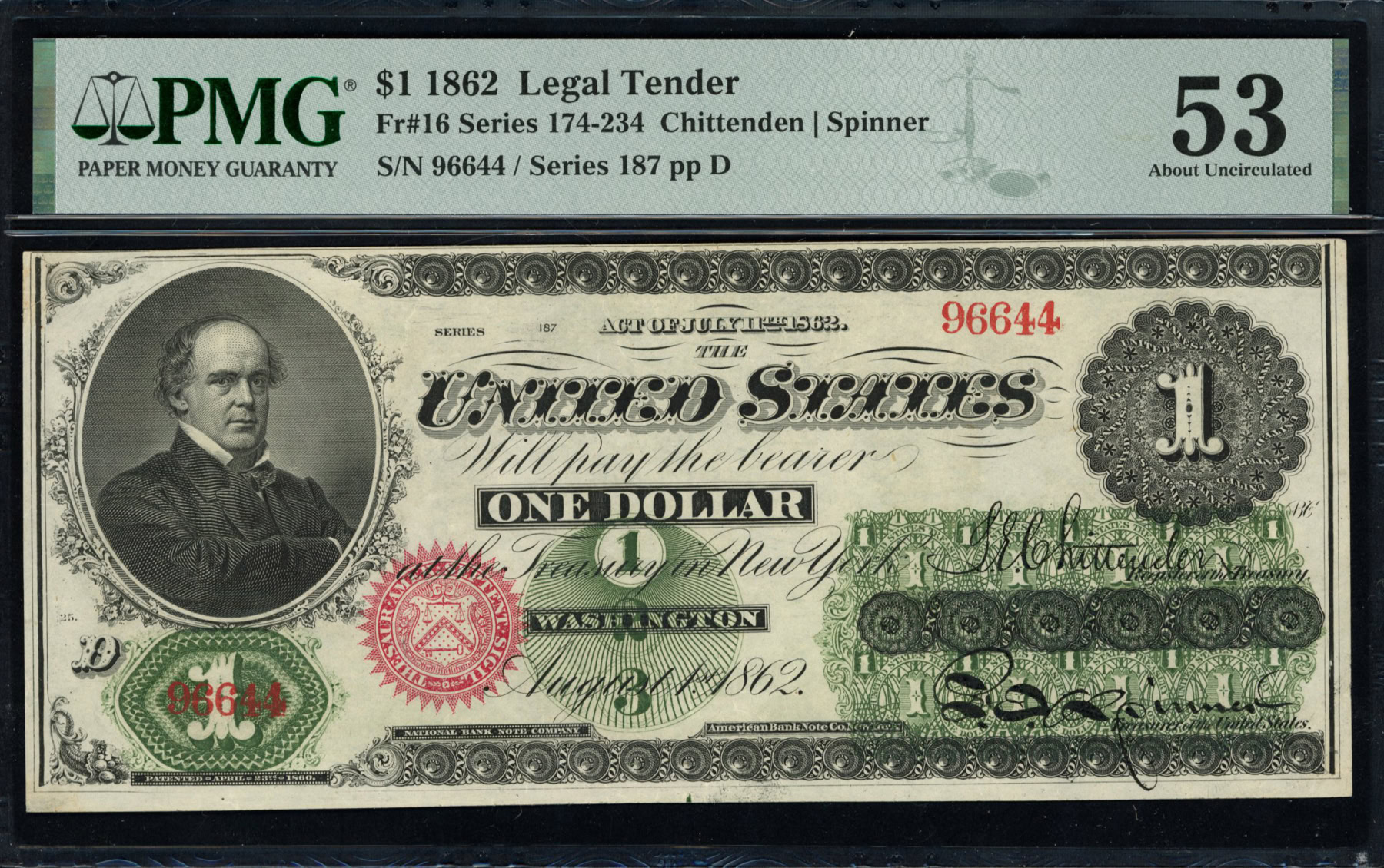 Fr. 16 1862 $1 Legal Tender Note Series 187 Chittenden / Spinner PMG ...