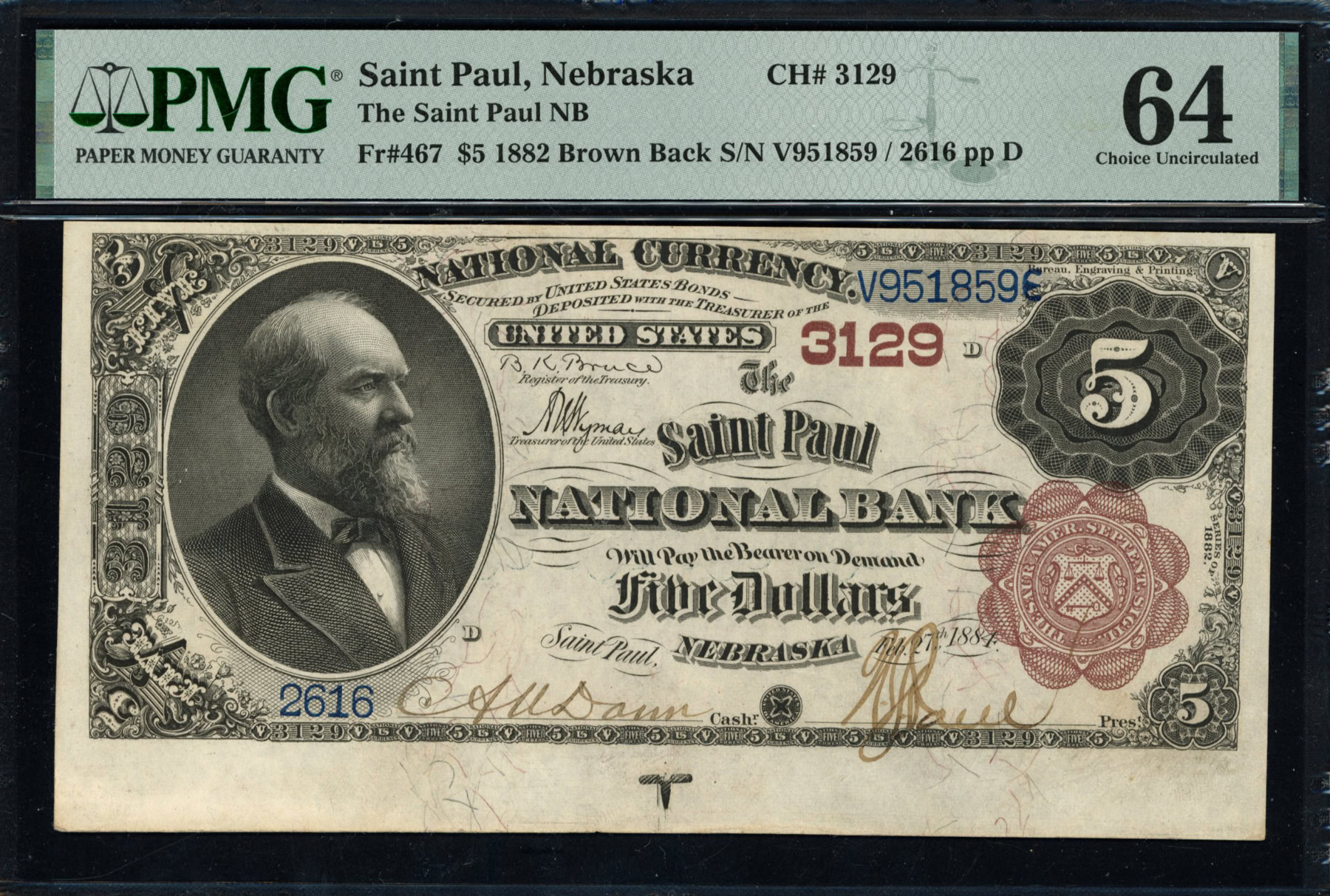 Fr. 467 Saint Paul, Nebraska 1882 $5 Brown Back Note The Saint Paul ...