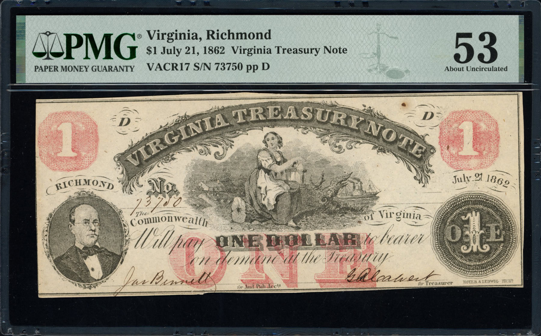 1862 Richmond, Virginia $1 Virginia Treasury Note PMG About ...