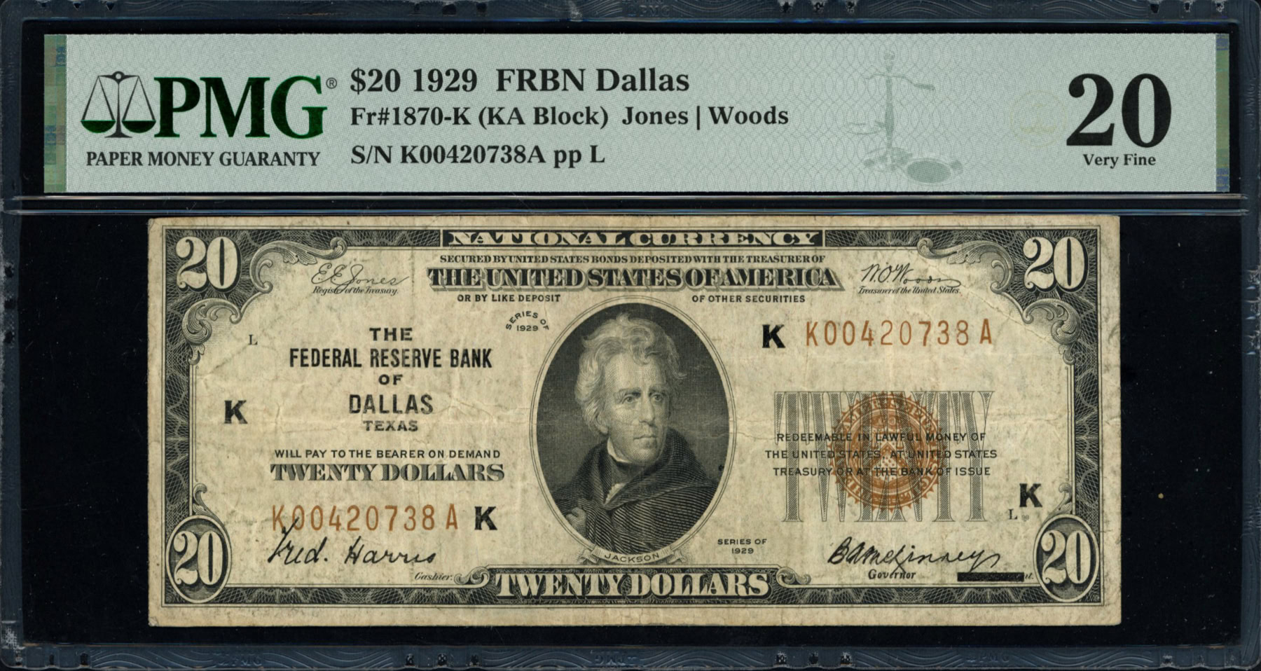 Fr. 1870-K (KA Block) 1929 $20 Dallas Federal Reserve Bank Note Jones ...