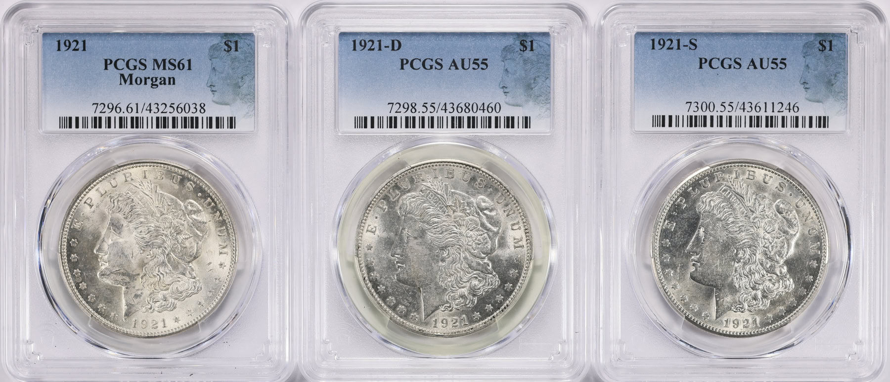 1921-P/D/S Set Morgan Silver Dollar PCGS MS-61/AU-55 (Morgan Silhouette ...