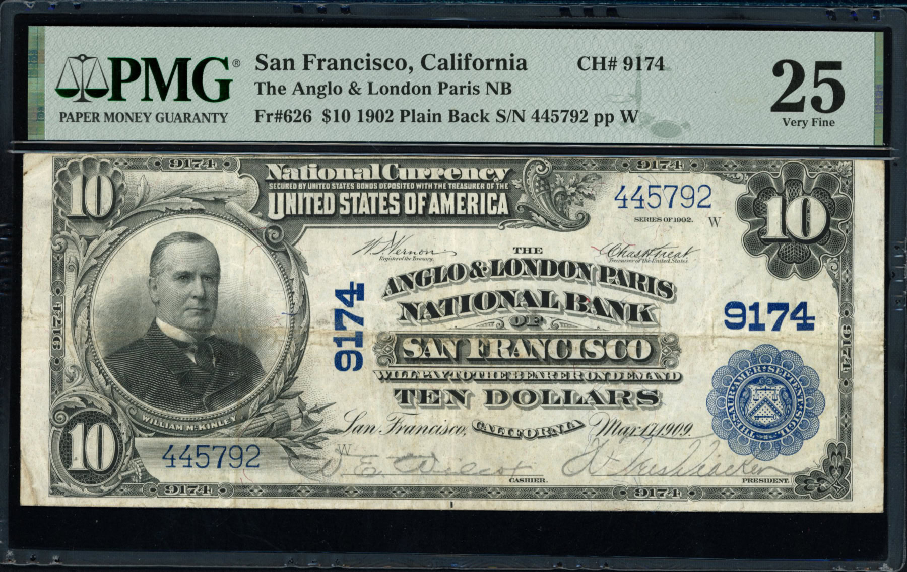 Fr. 626 San Francisco, California 1902 $10 Plain Back Note The Anglo ...