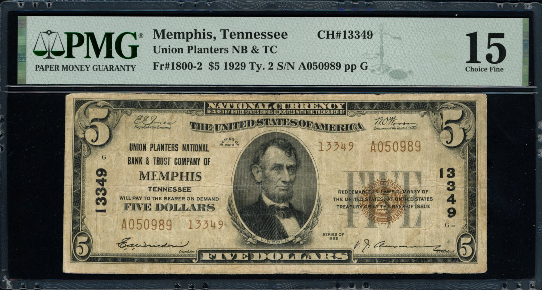 Fr. 1800-2 Memphis, Tennessee 1929 Type 2 $5 Note Union Planters ...