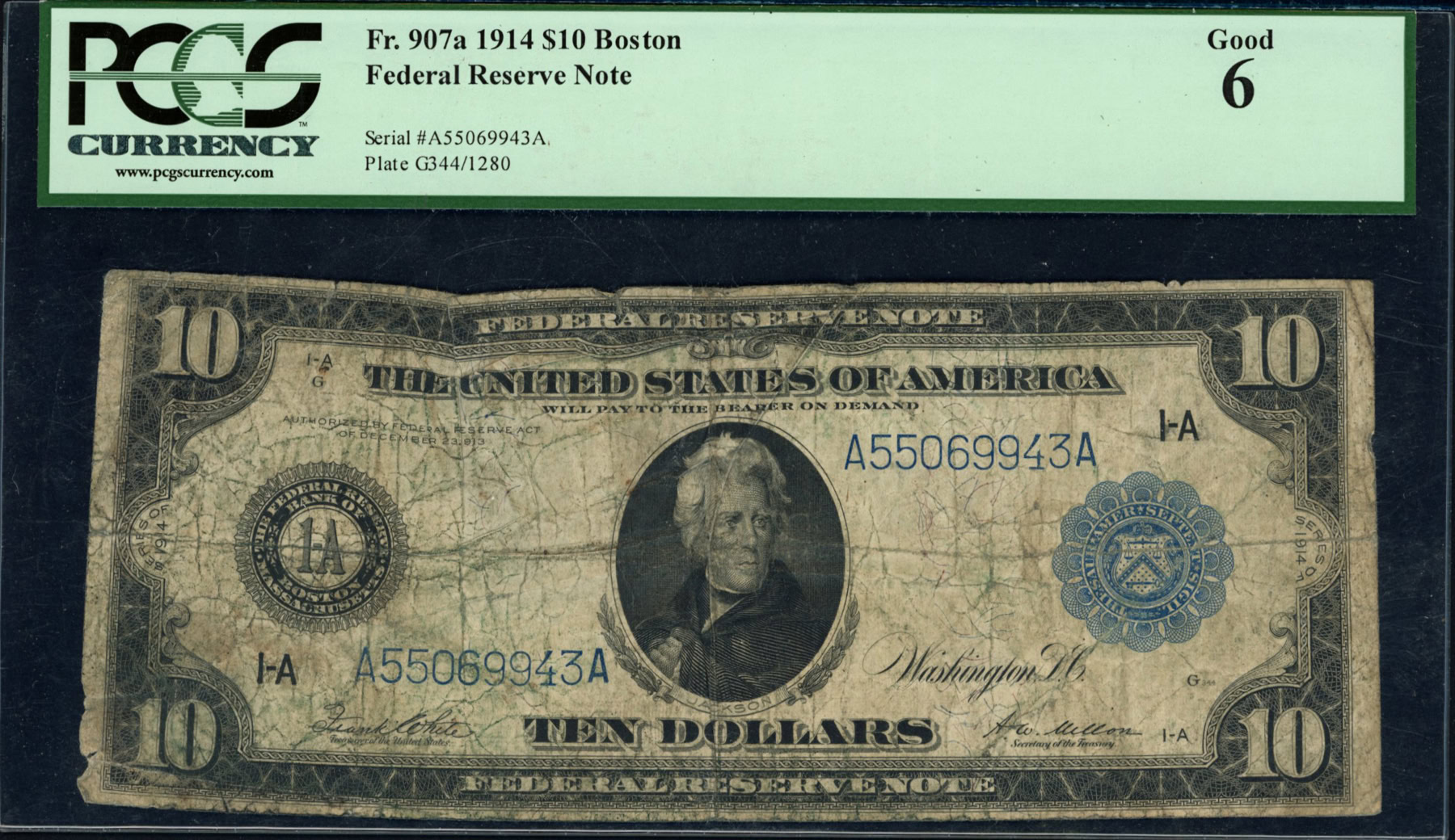Fr. 907a 1914 $10 Boston Federal Reserve Note White / Mellon PCGS ...