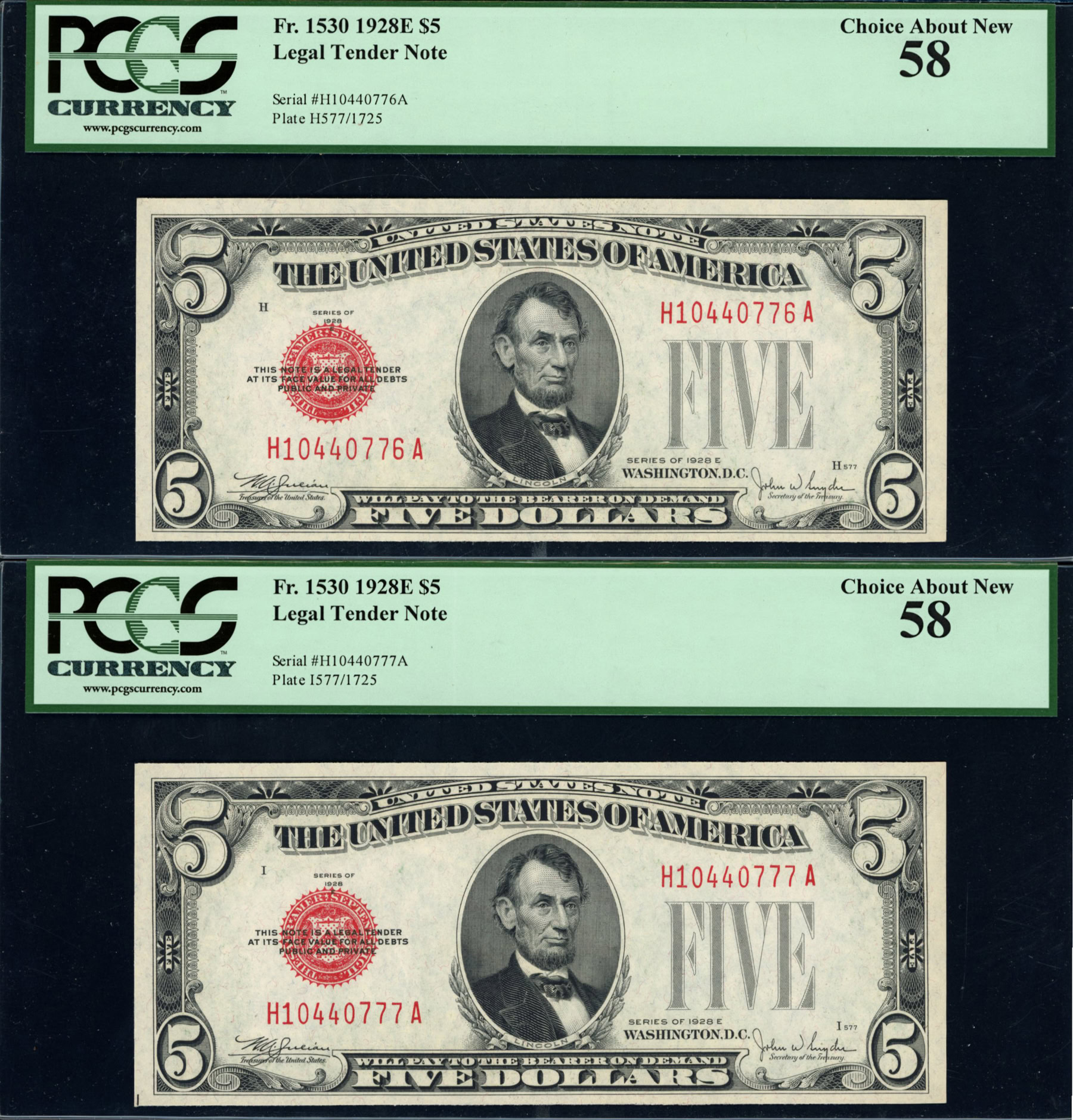Fr. 1530 (HA Block) 1928E $5 Legal Tender Notes *Sequential Serial ...