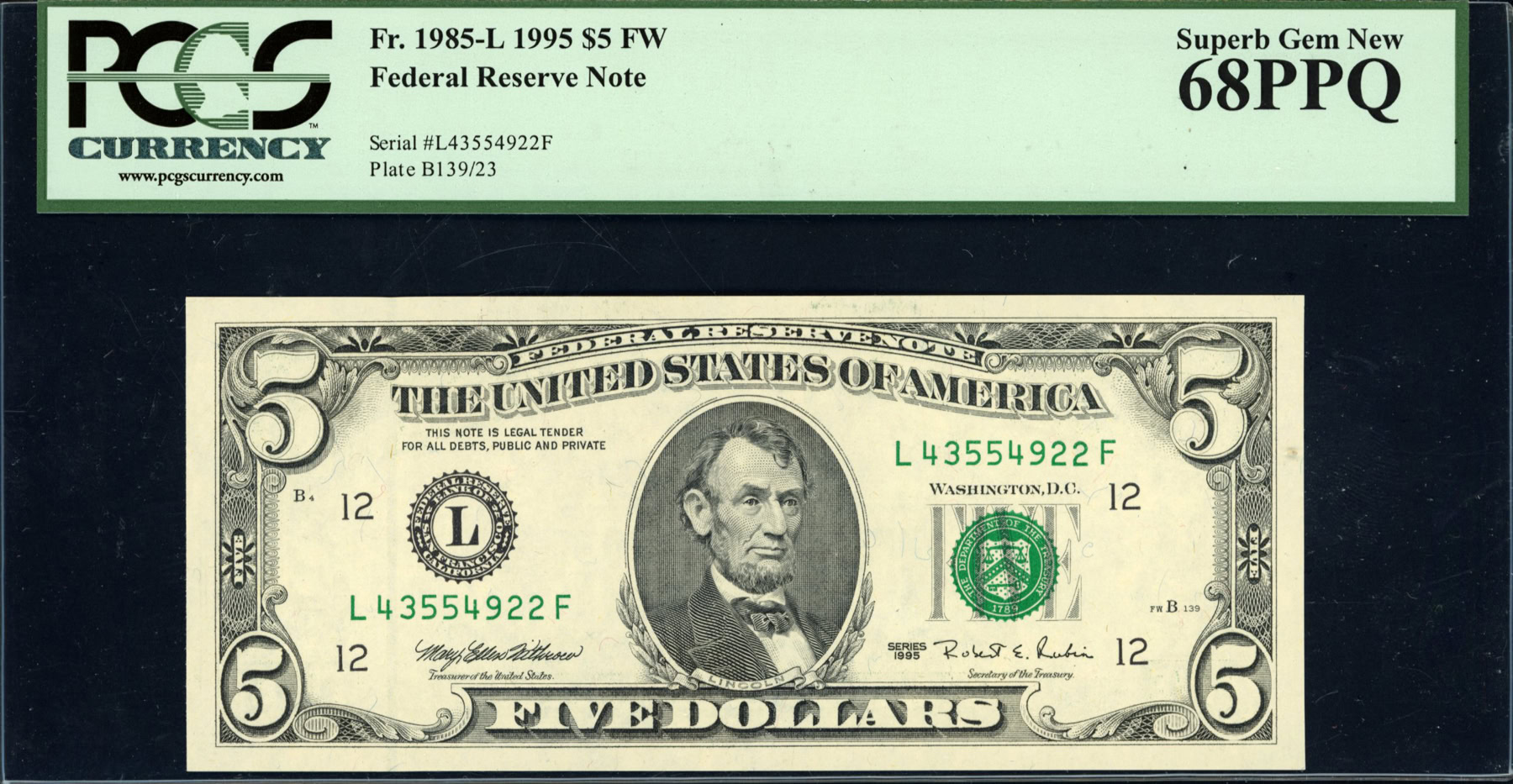 Fr. 1985-L (LF Block) 1995 $5 San Francisco Federal Reserve Note ...