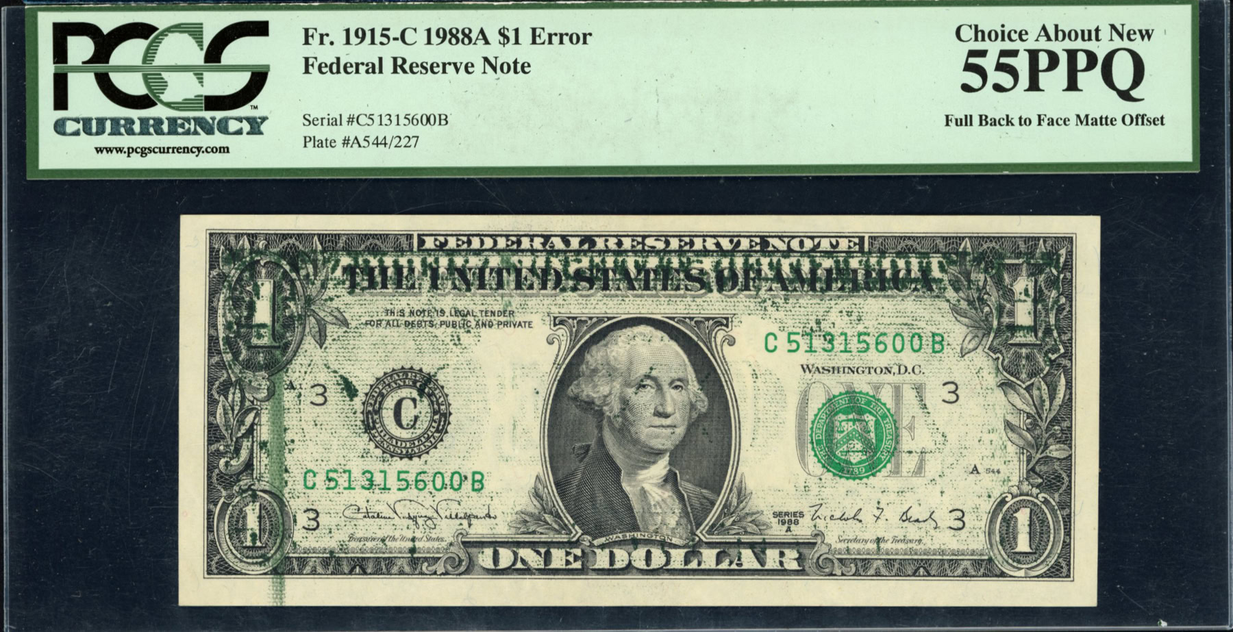 Fr. 1915-C (CB Block) 1988A $1 Philadelphia Federal Reserve Error Note ...