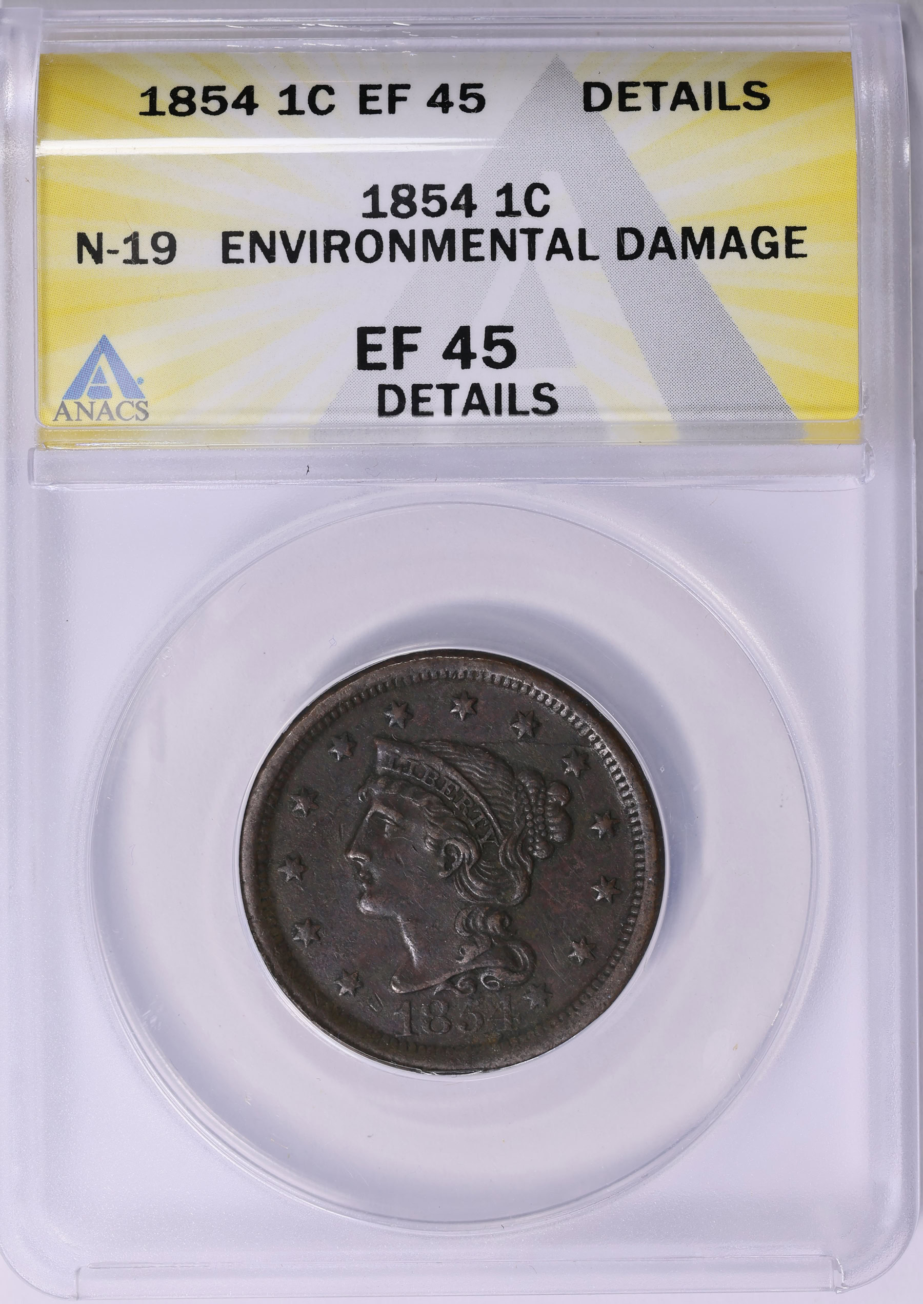 1854 Braided Hair Cent Newcomb 19 ANACS XF-45 Details (Item 1824251) | GreatCollections Coin ...