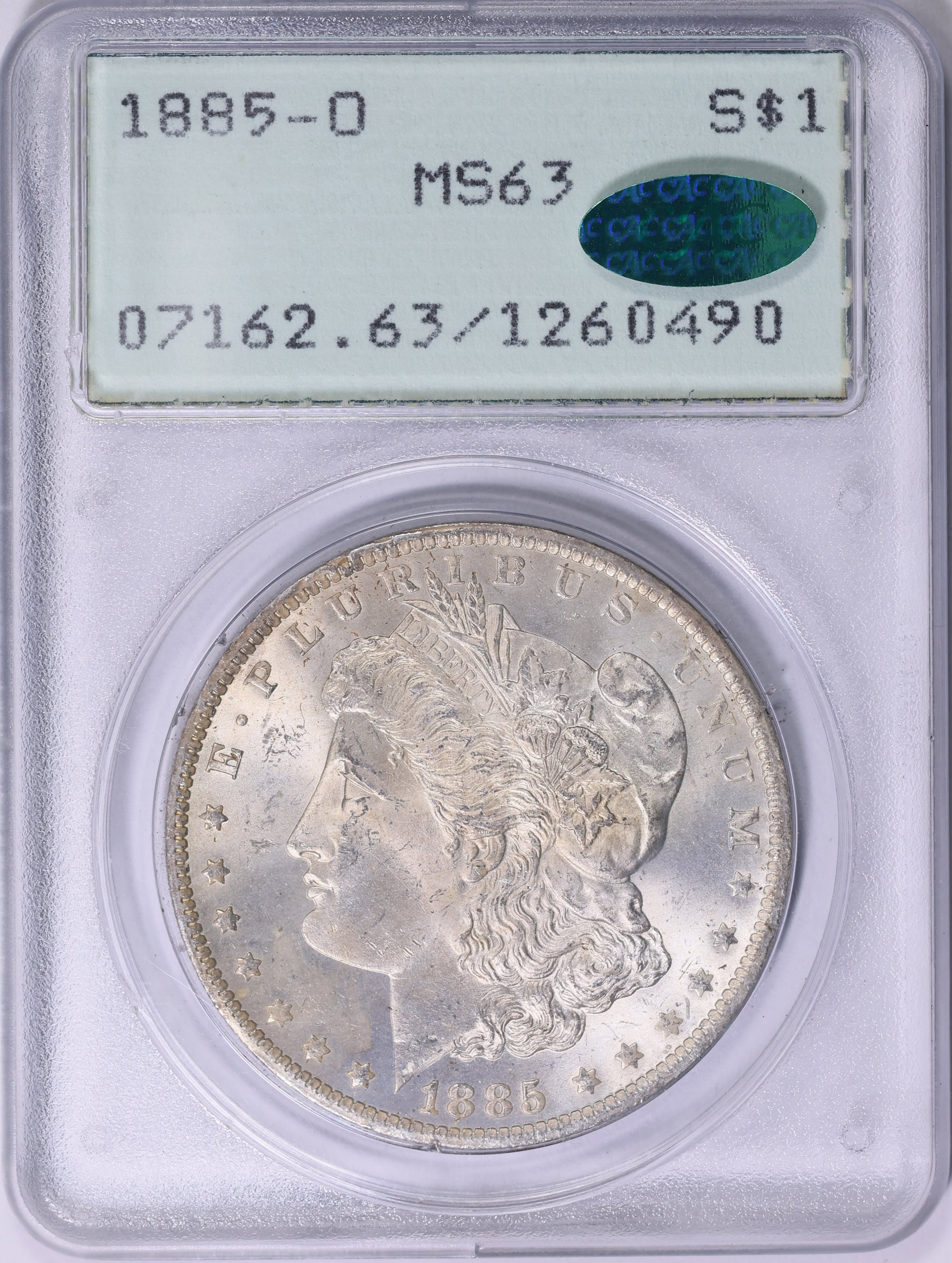 1885-O Morgan Silver Dollar PCGS MS-63 (CAC Green) OGH (1st Gen) (Item 1824893 ...