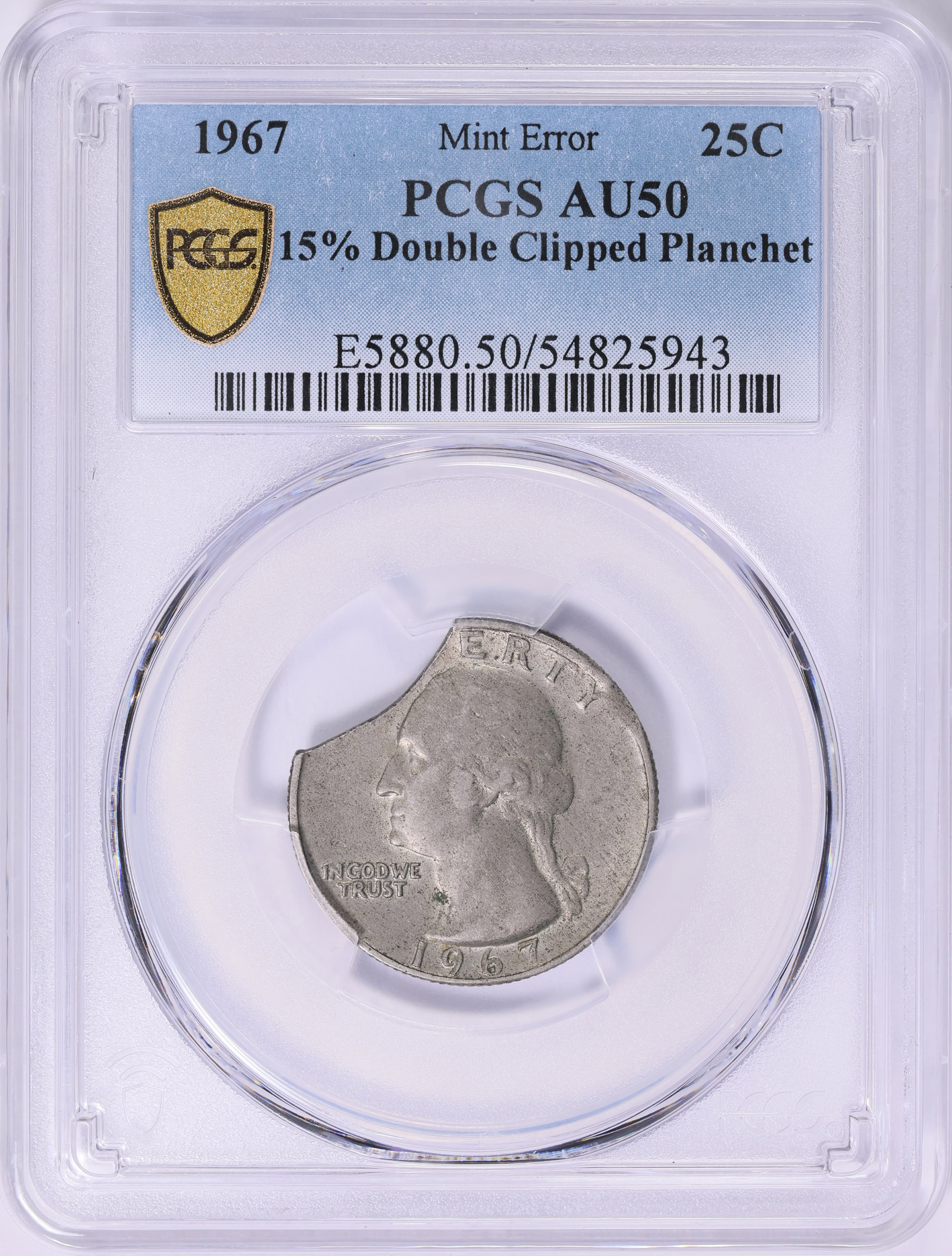 Mint Error 1967 Washington Quarter 15% Double Clipped Planchet PCGS AU ...
