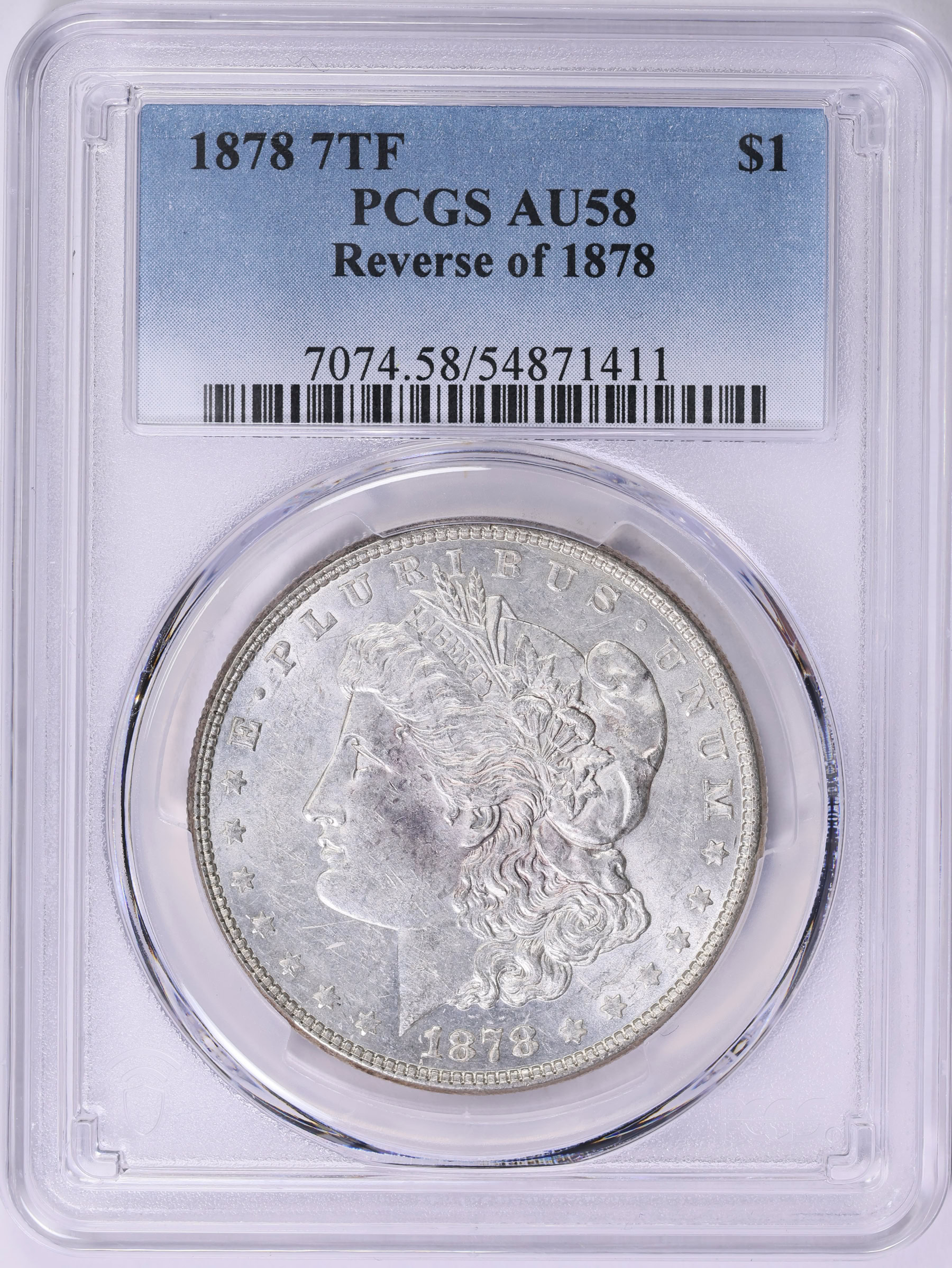 1878 Morgan Silver Dollar 7 Tailfeathers, Reverse of 1878 PCGS AU-58 (Item 1825393 ...