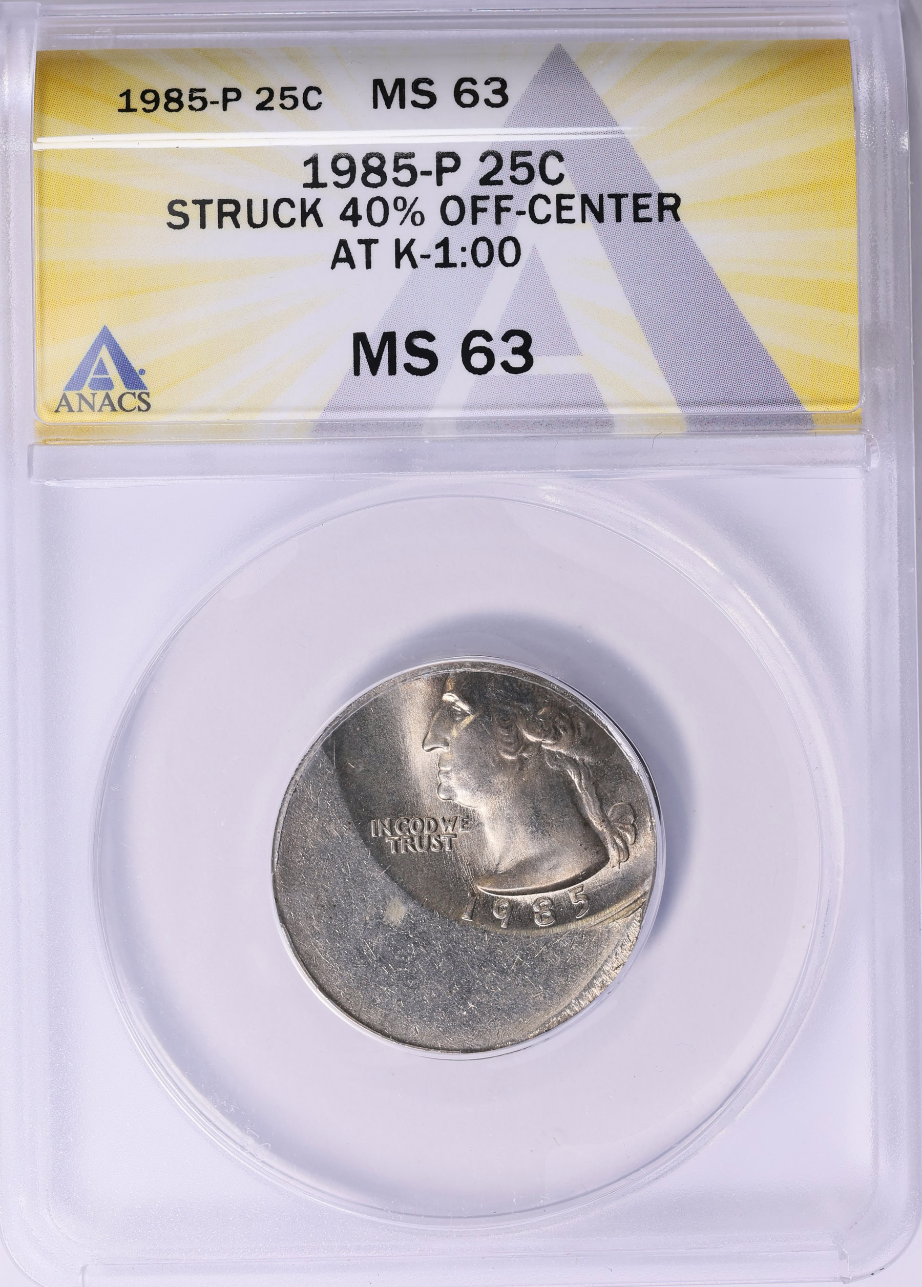 Mint Error 1985-P Washington Quarter Struck 40% Off-Center at K-1:00 ...