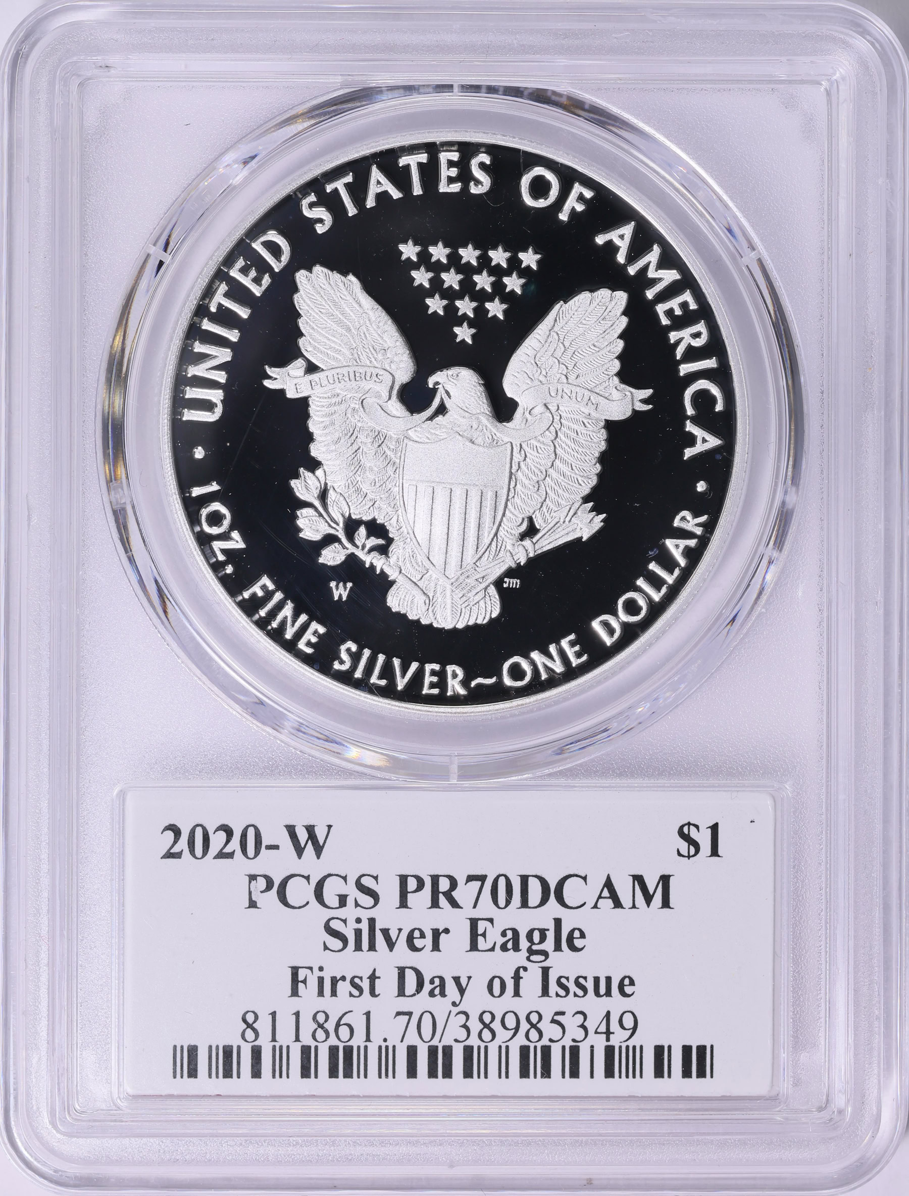 2020-W $1 Silver Eagle First Day of Issue PCGS Proof-70 DCAM (Jim Peed ...