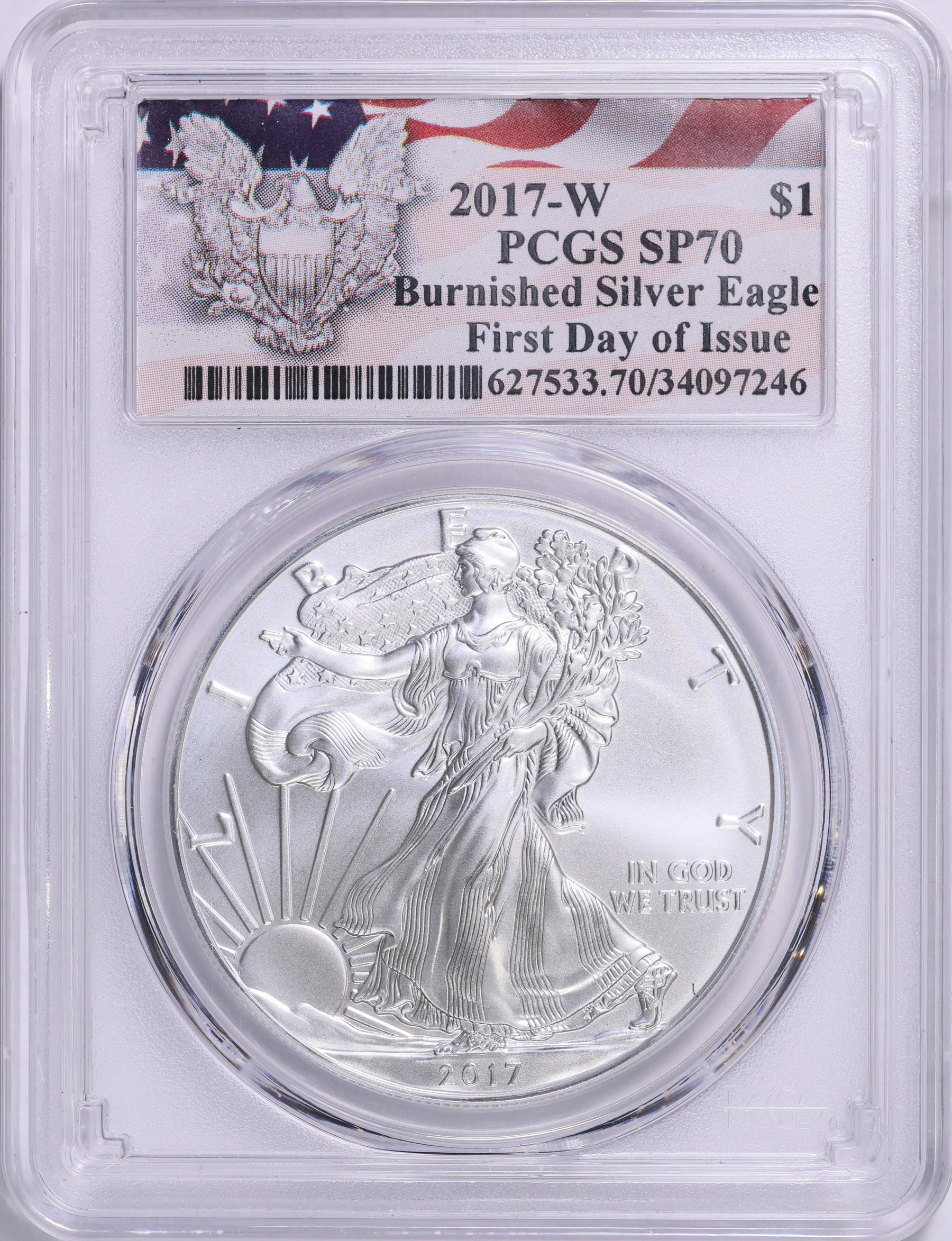 2017-W $1 Silver Eagle Burnished First Day of Issue PCGS SP-70 (Item 1825597) | GreatCollections ...