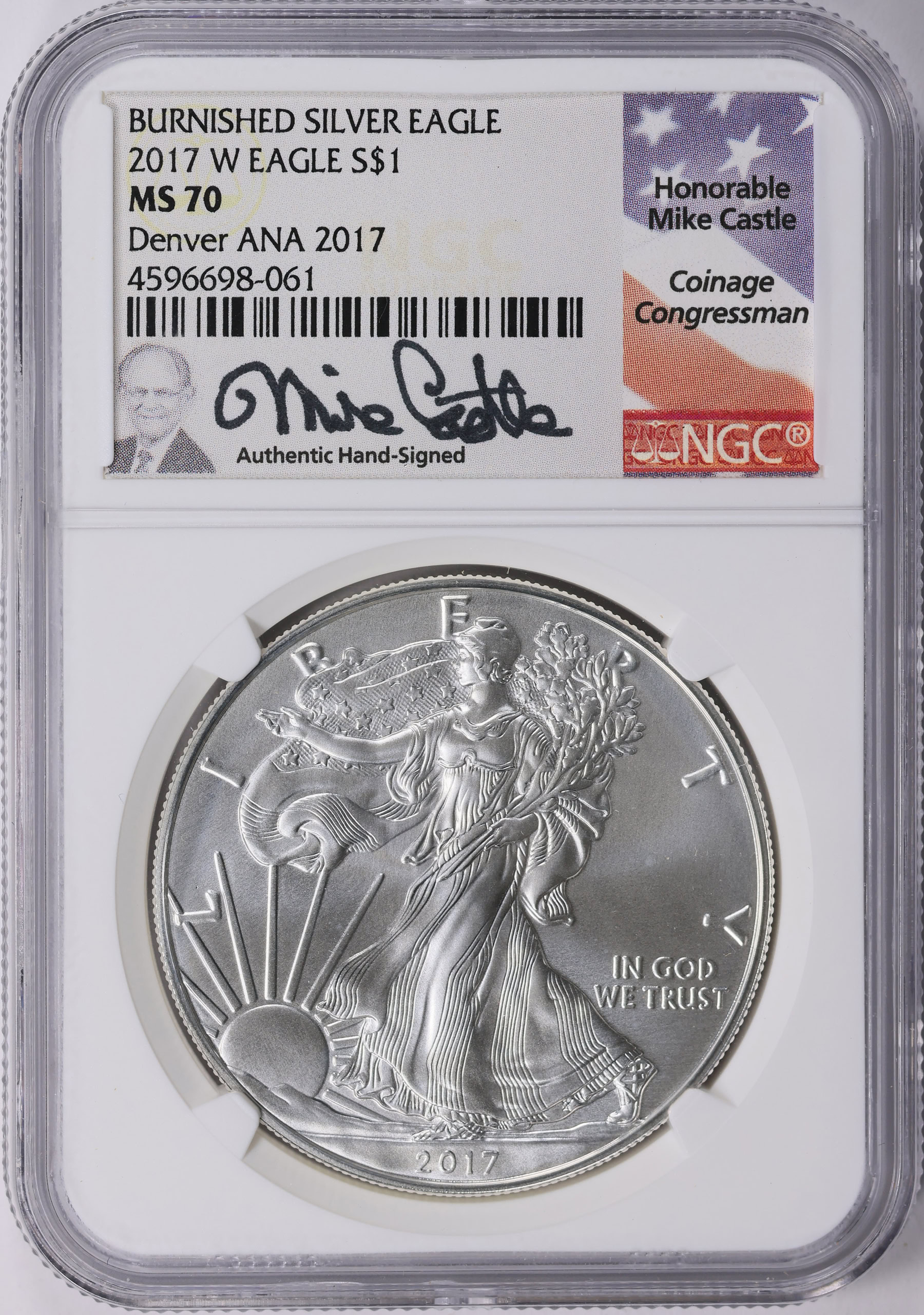 2017-W $1 Silver Eagle Burnished NGC MS-70 (Mike Castle Signed Label) (Item 1825610 ...