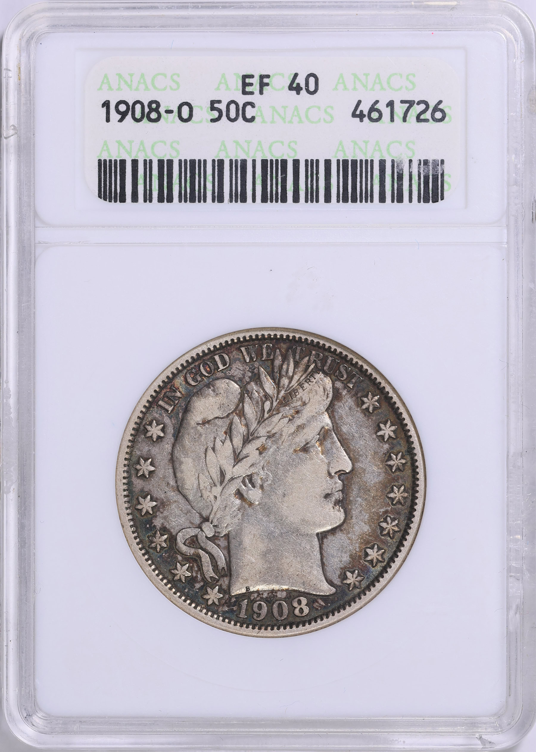 1908-O Barber Half Dollar ANACS XF-40 OH (Toned) (Item 1825616) | GreatCollections Coin Auctions