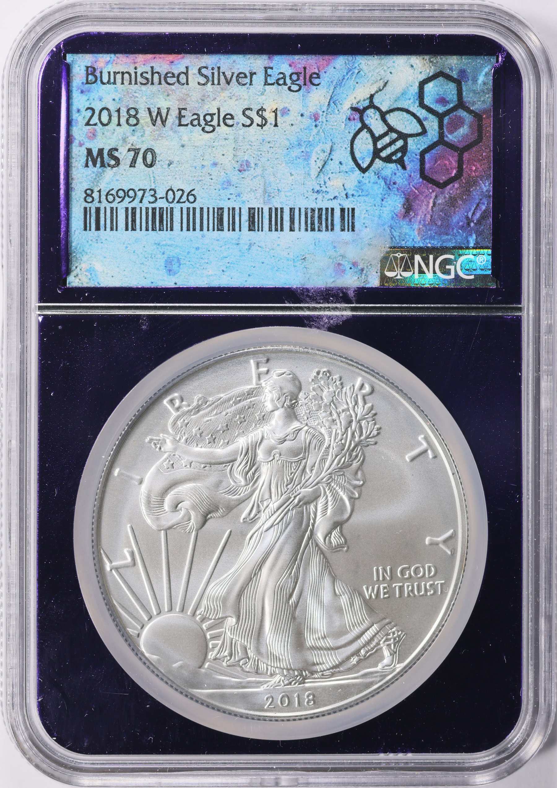 2018-W $1 Silver Eagle Burnished NGC MS-70 (Purple Bee Frame Holder) (Item 1825671 ...