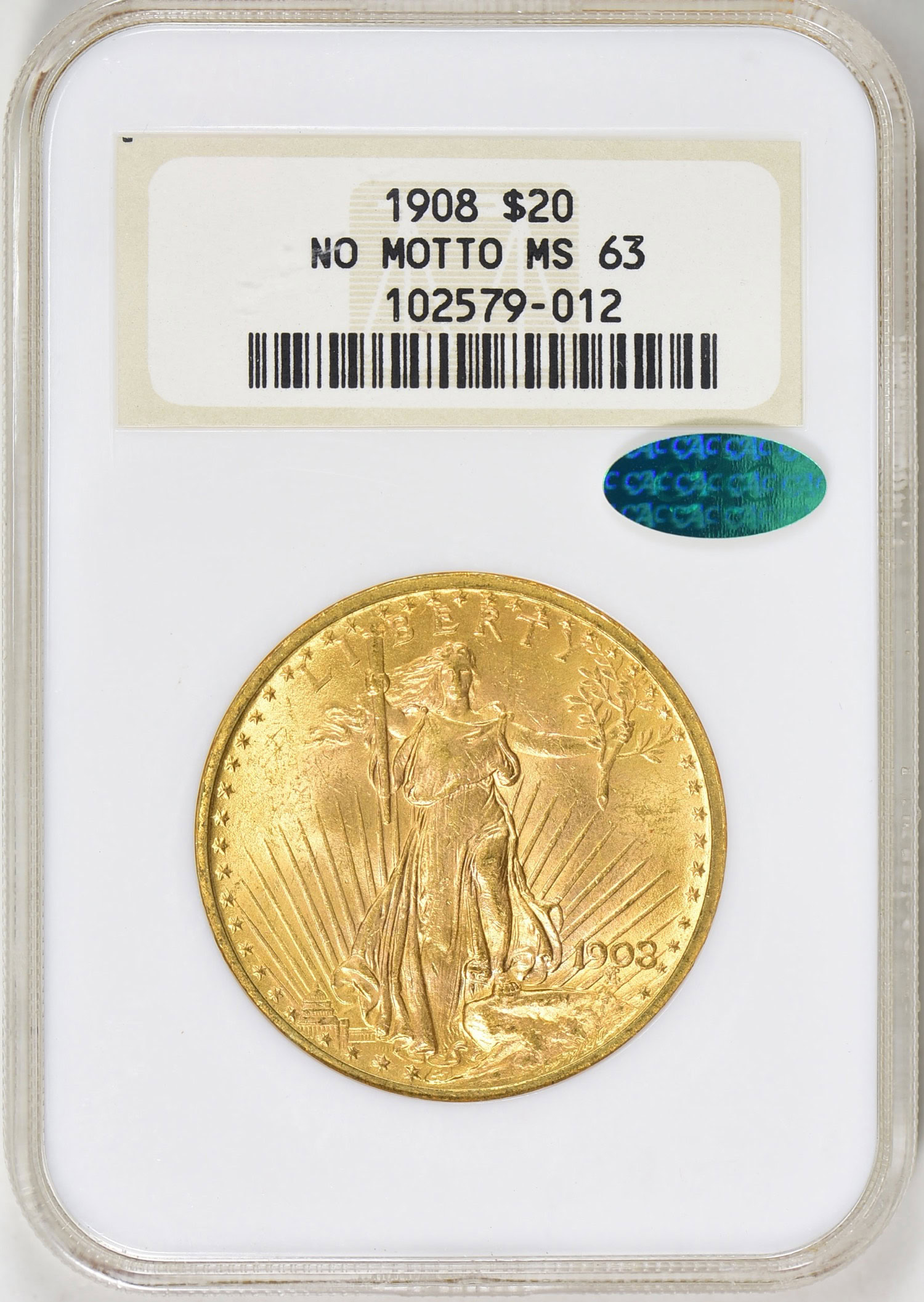 1908 Saint-Gaudens Gold Double Eagle No Motto NGC MS-63 (CAC Green) OH (Item 1825851 ...