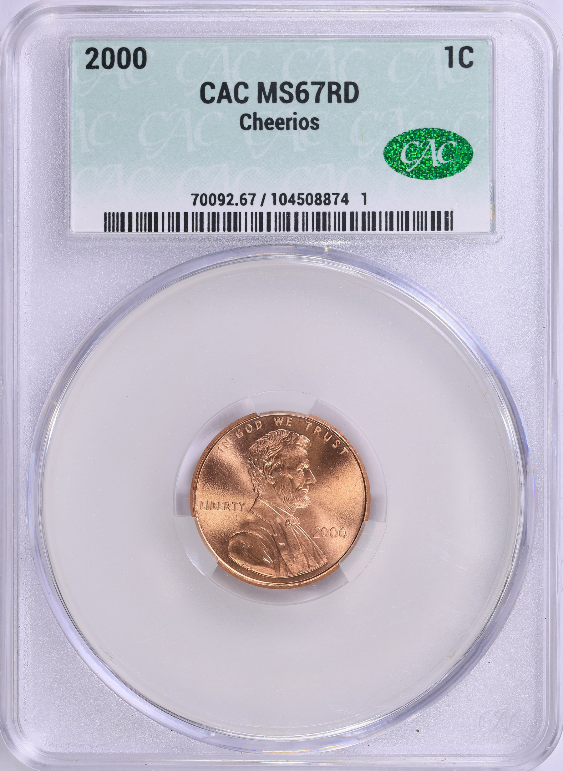 2000 Lincoln Cent Cheerios CACG MS-67 RD (Item 1825854) | GreatCollections Coin Auctions