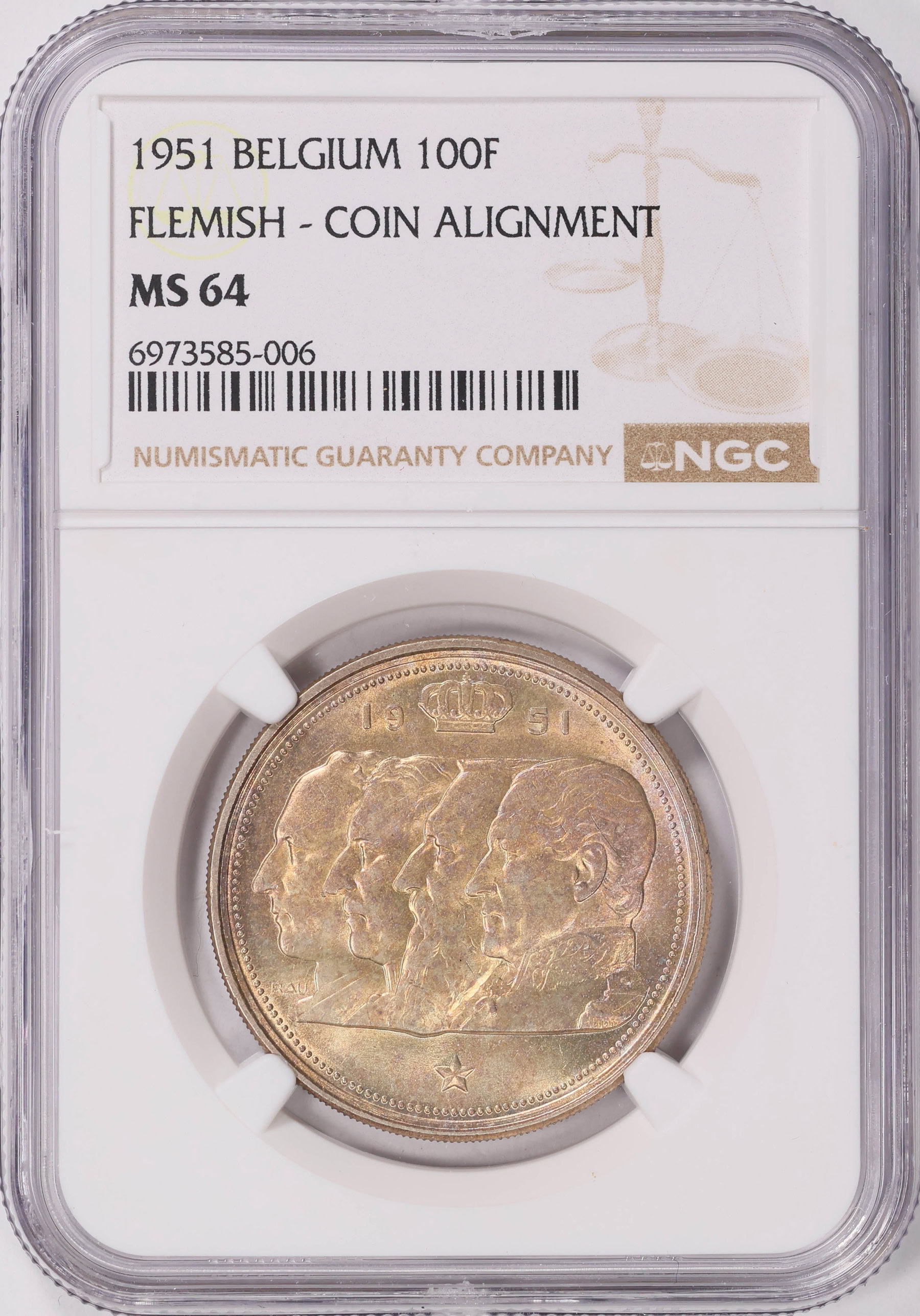 Belgium 1951 Silver 100 Francs BELGIE Coin Alignment KM-139.1 NGC MS-64 ...