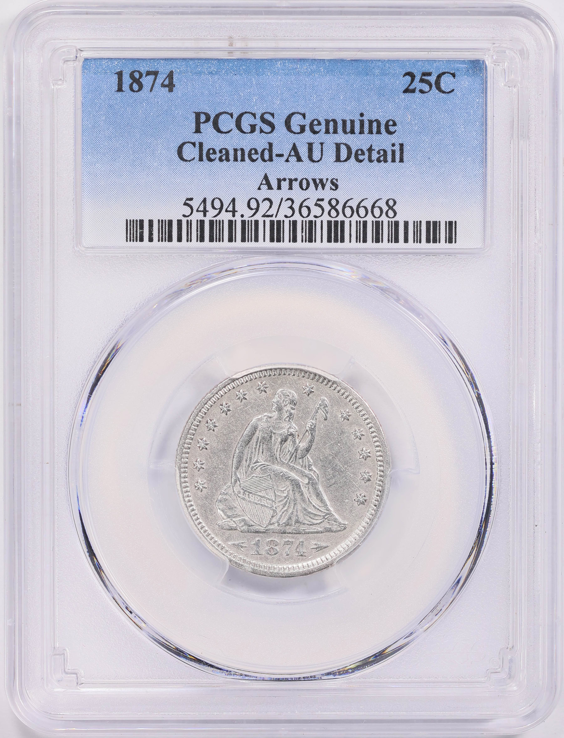 1874 Seated Liberty Quarter Arrows PCGS Genuine AU Details (Item 1826066) | GreatCollections ...